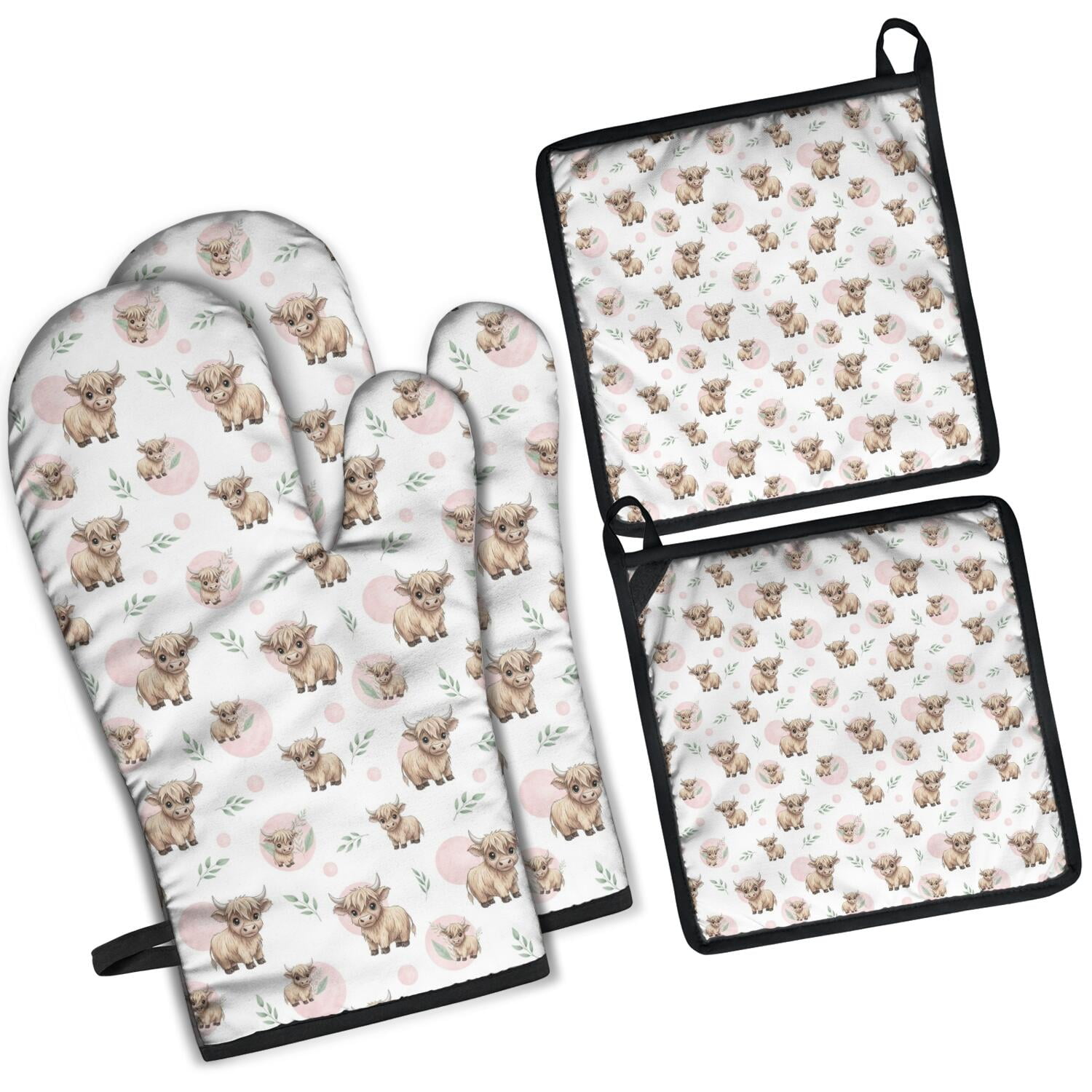 White Highland Cow Pattern Kitchen Oven Mitt and Pot Holder Sets 4 Pcs ...