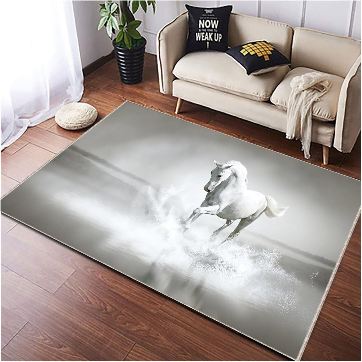 White Horse Area Rug, Running Horses Pattern Living Room Rugs, Washable ...