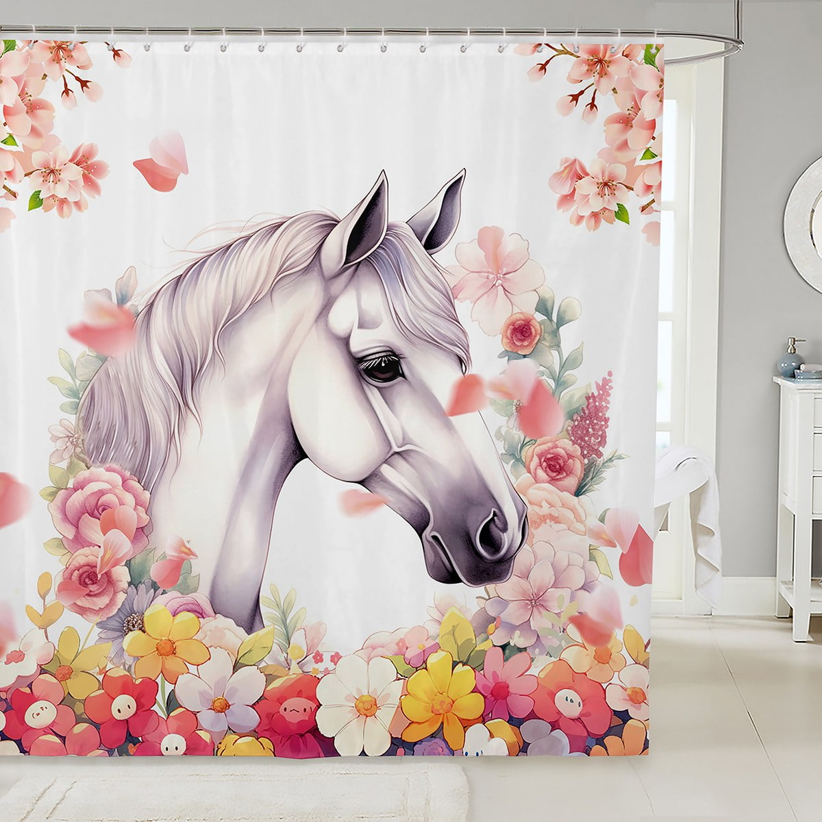 White Horse Bathroom Shower Curtain Sets 3D Animal Print Fabric Shower ...
