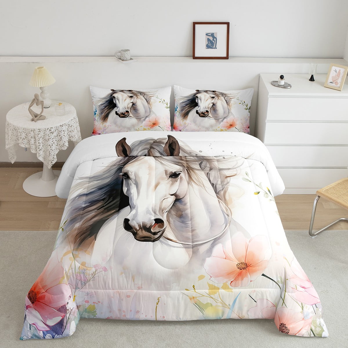 White Horse Bedding Set Full Cherry Blossom Comforter Set,Colorful ...