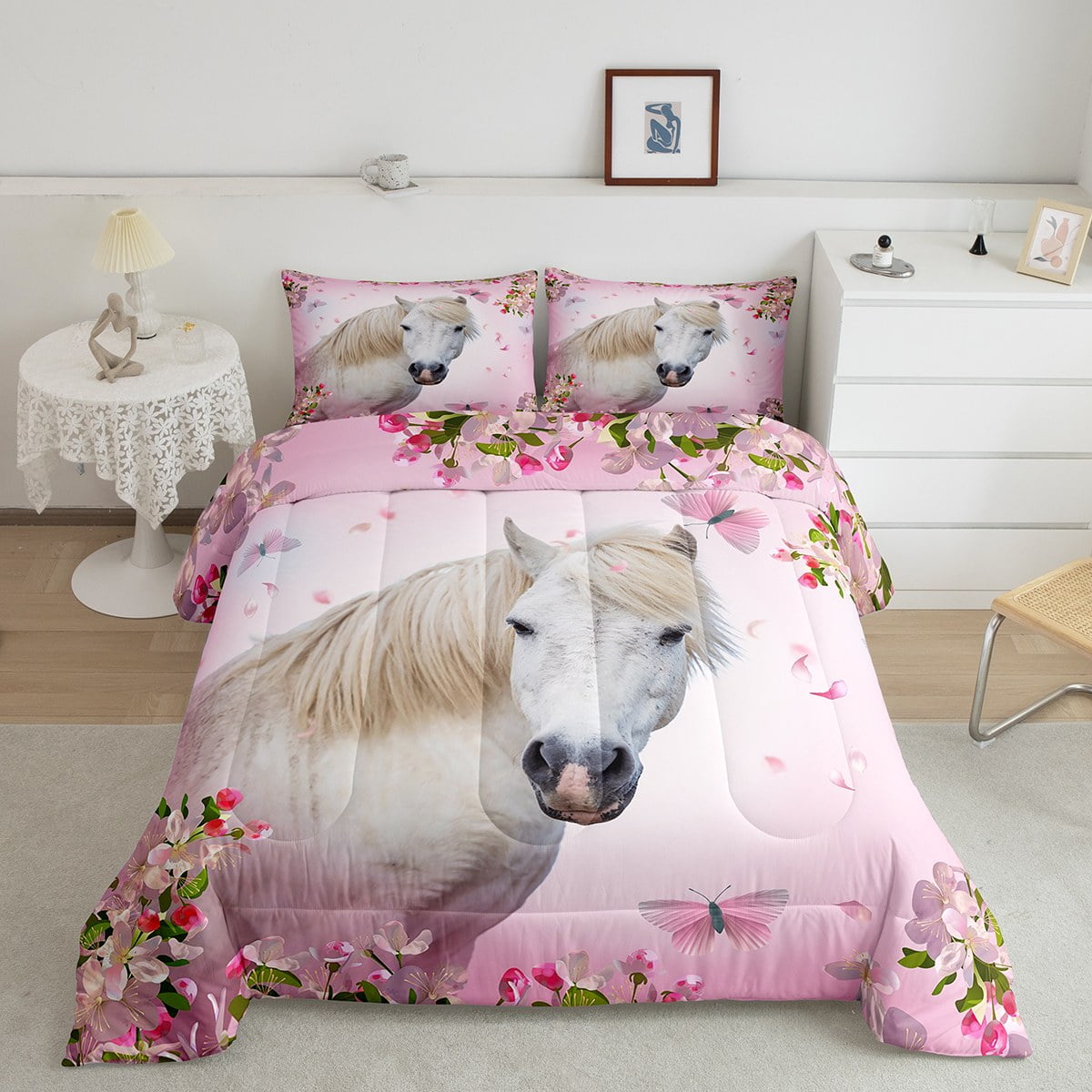 White Horse Bedding Set for Women ,3D Galloping Horse Queen Comforter ...