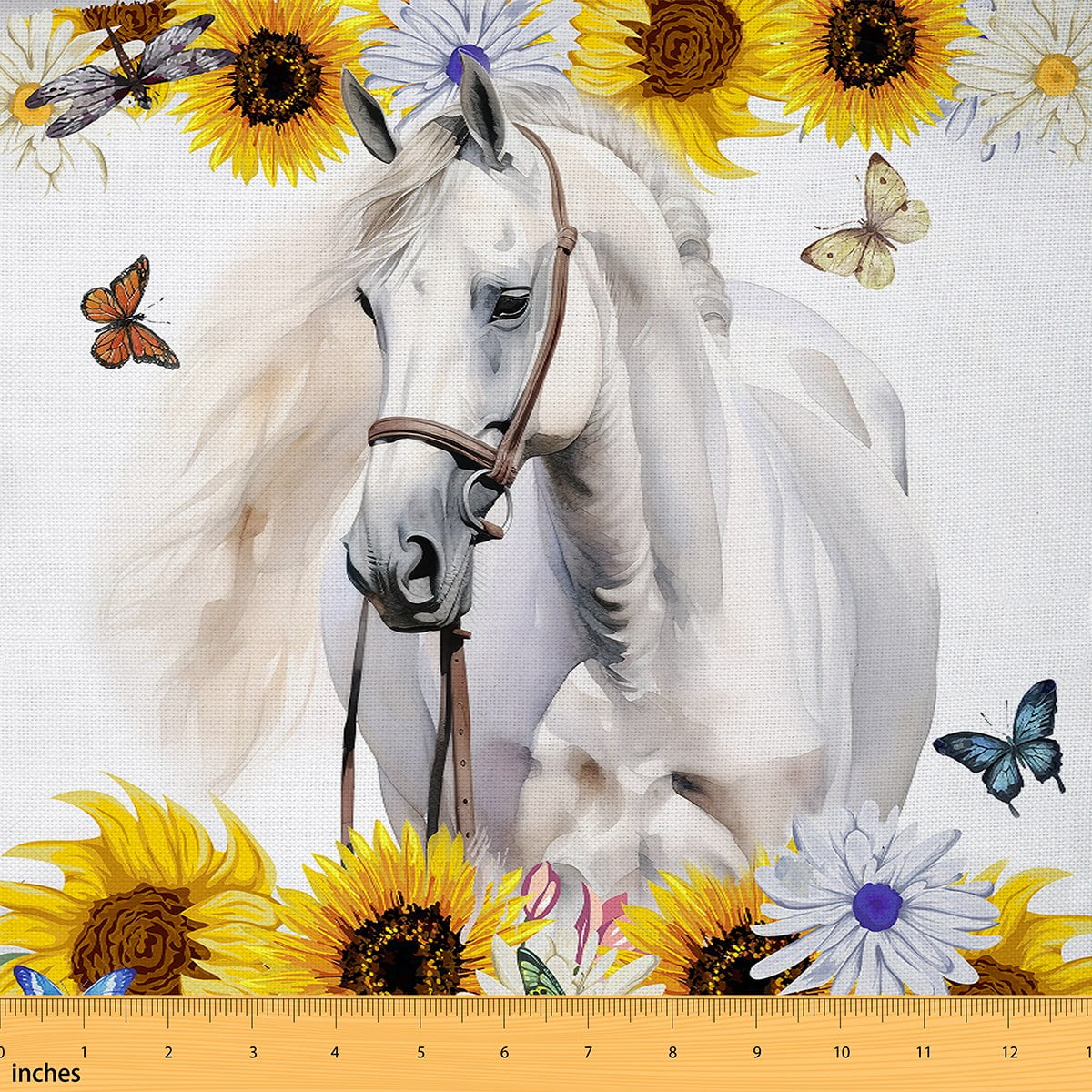 White Horse Fabric By The Yard Sunflower Upholstery Fabric Dragonfly ...