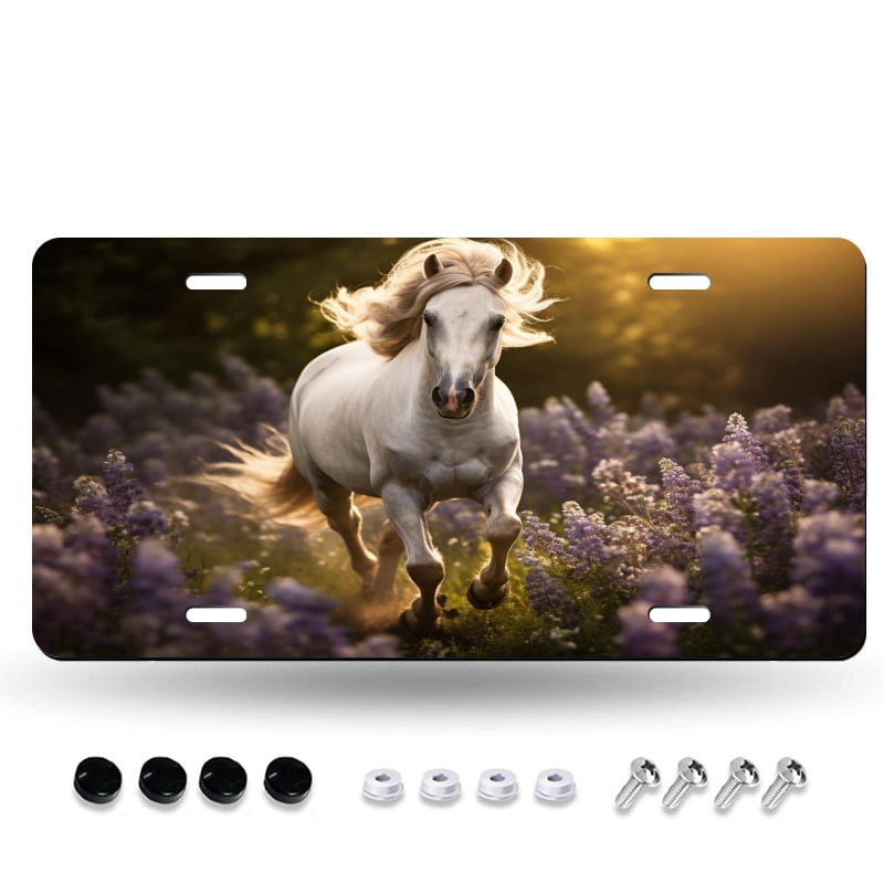 White Horse Galloping in a Purple Flower Field License Plate Frame ...