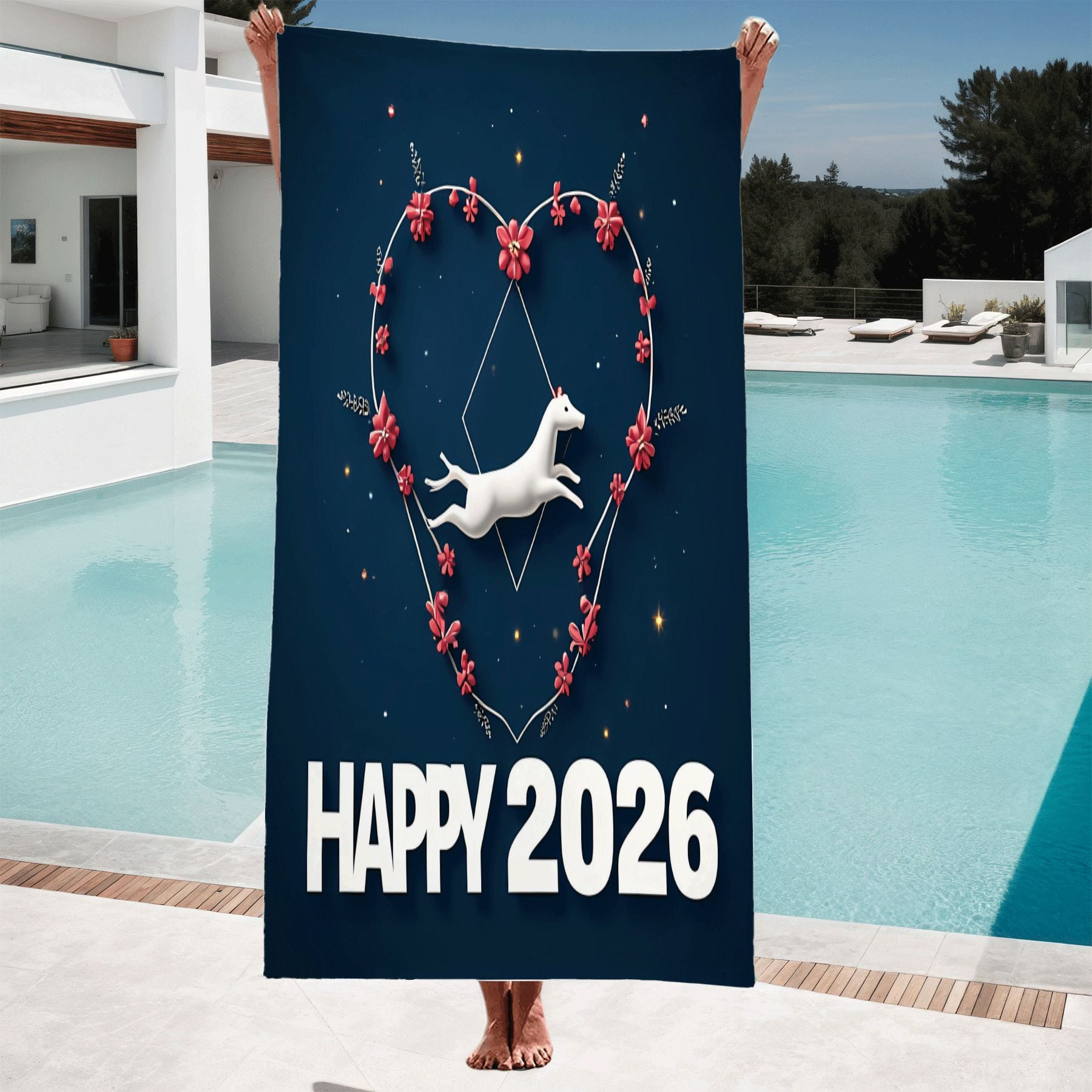 White Horse Leaping Through Heart Frame Beach Towel - Floral Design ...
