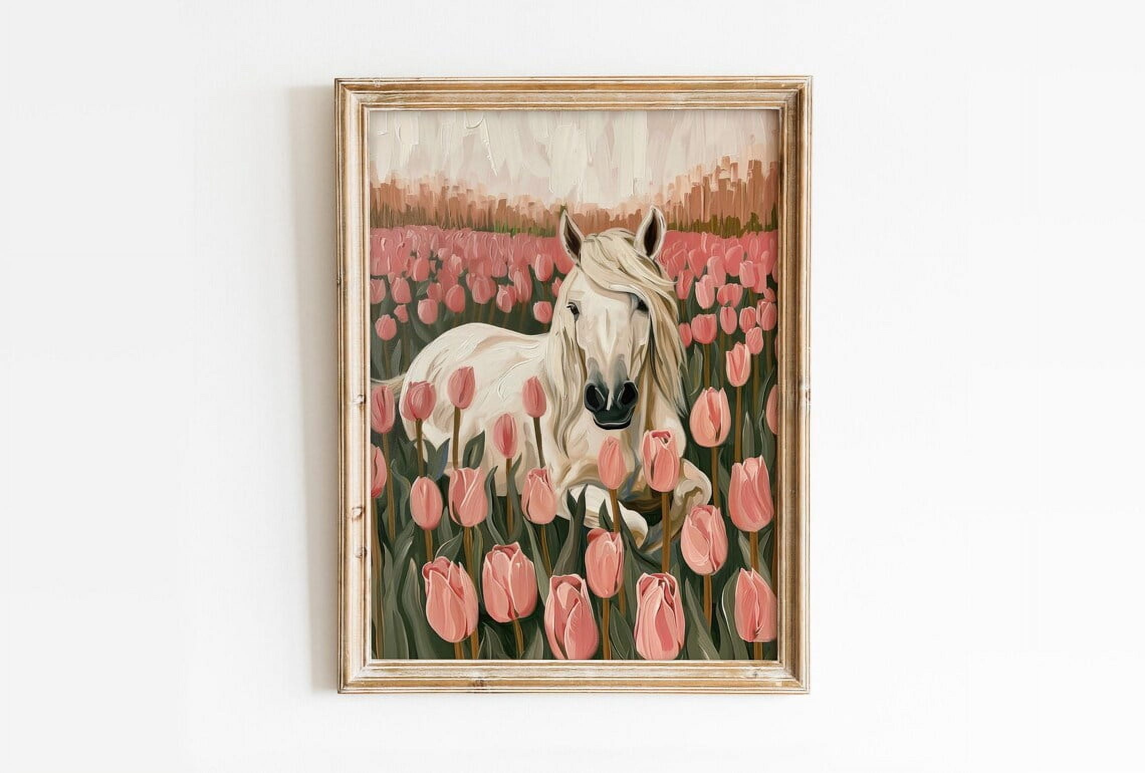 White Horse In Pink Tulips Field Girly Wall Art, Trendy Animal Prints ...