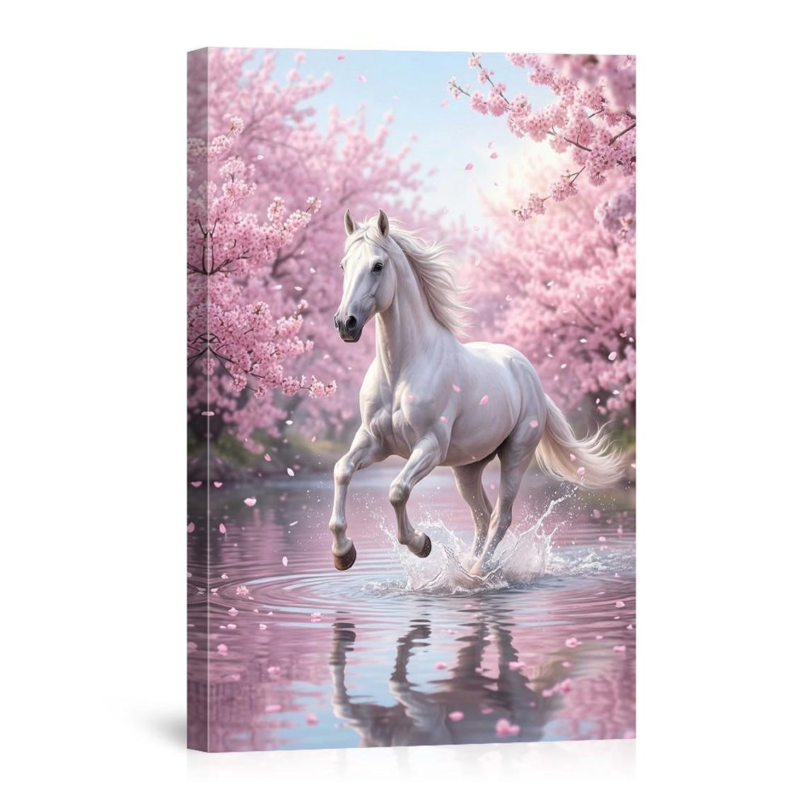 White Horse Running Through Water With Cherry Blossoms Spring Floral ...