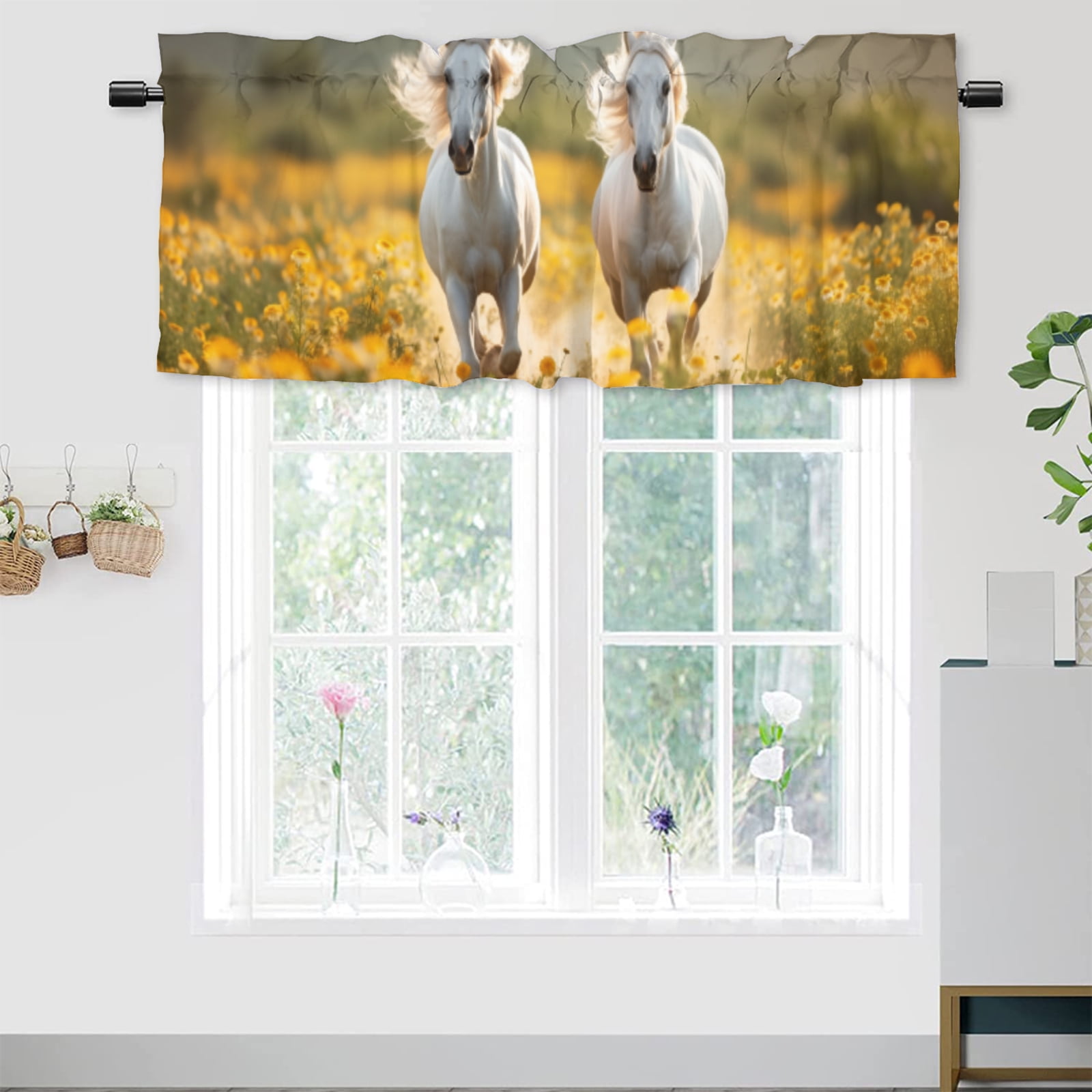 White Horse Valance Curtain Daisy Flower Rustic Western Cowboy Animal ...
