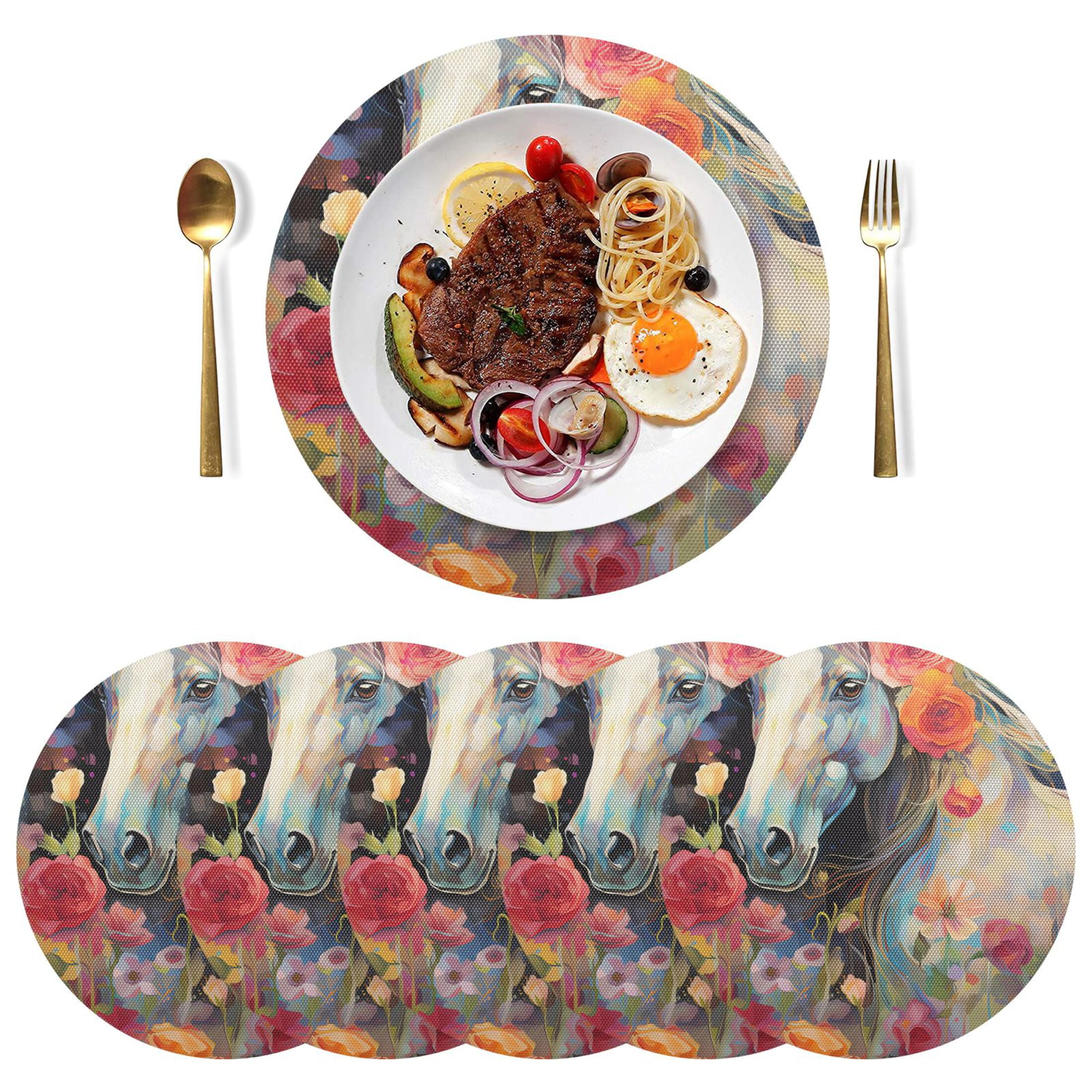 White Horse and Flowers Black Round Placemats Plate Mats 15 Inch Non ...