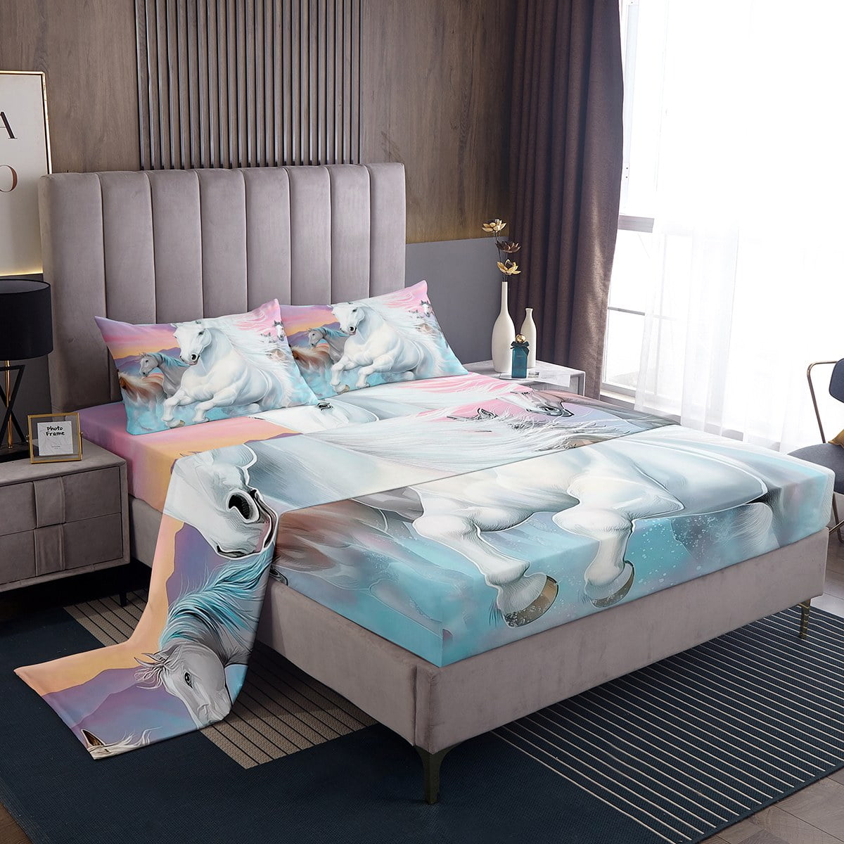 White Horses Bed Sheets Set Adults,Aesthetic Blue Pink Sheet Set 4 ...