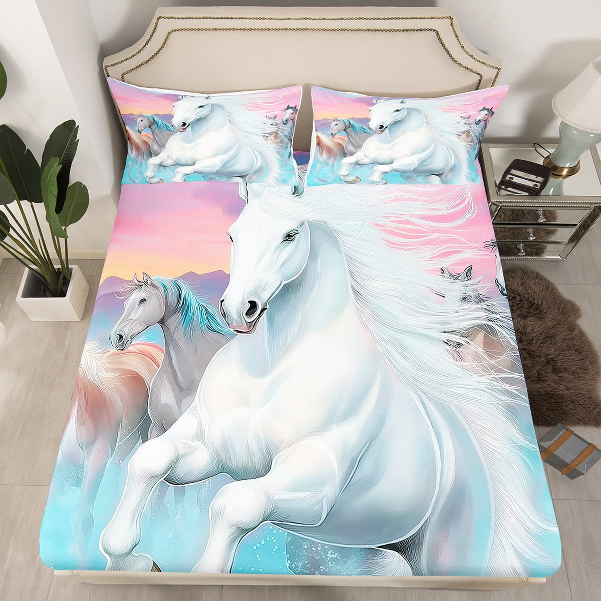 White Horses Fitted Sheet Adults,Aesthetic Blue Pink Bed Sheets 3 Piece ...