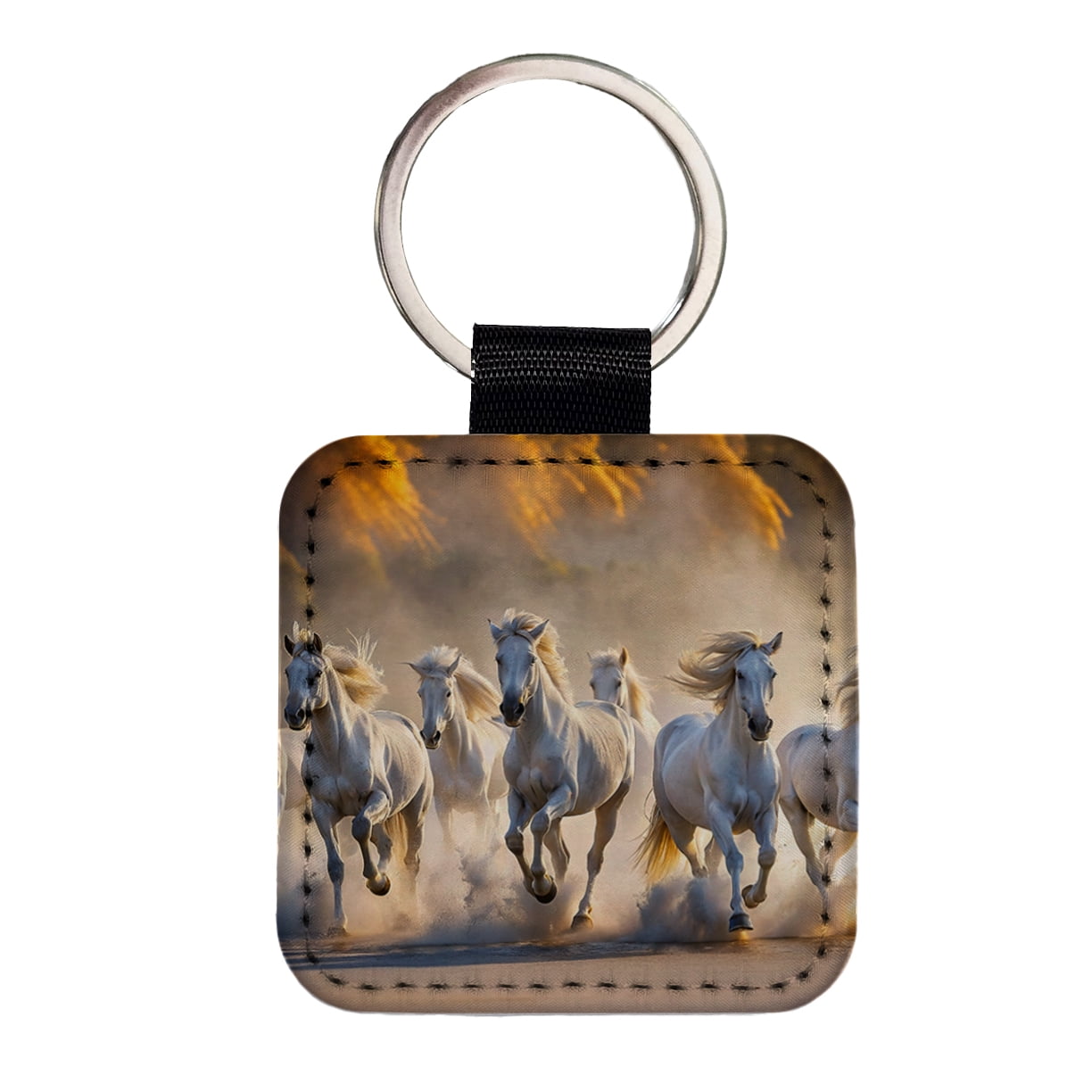 White Horses Galloping Out Of The Mist Faux Leather Square Keychain ...