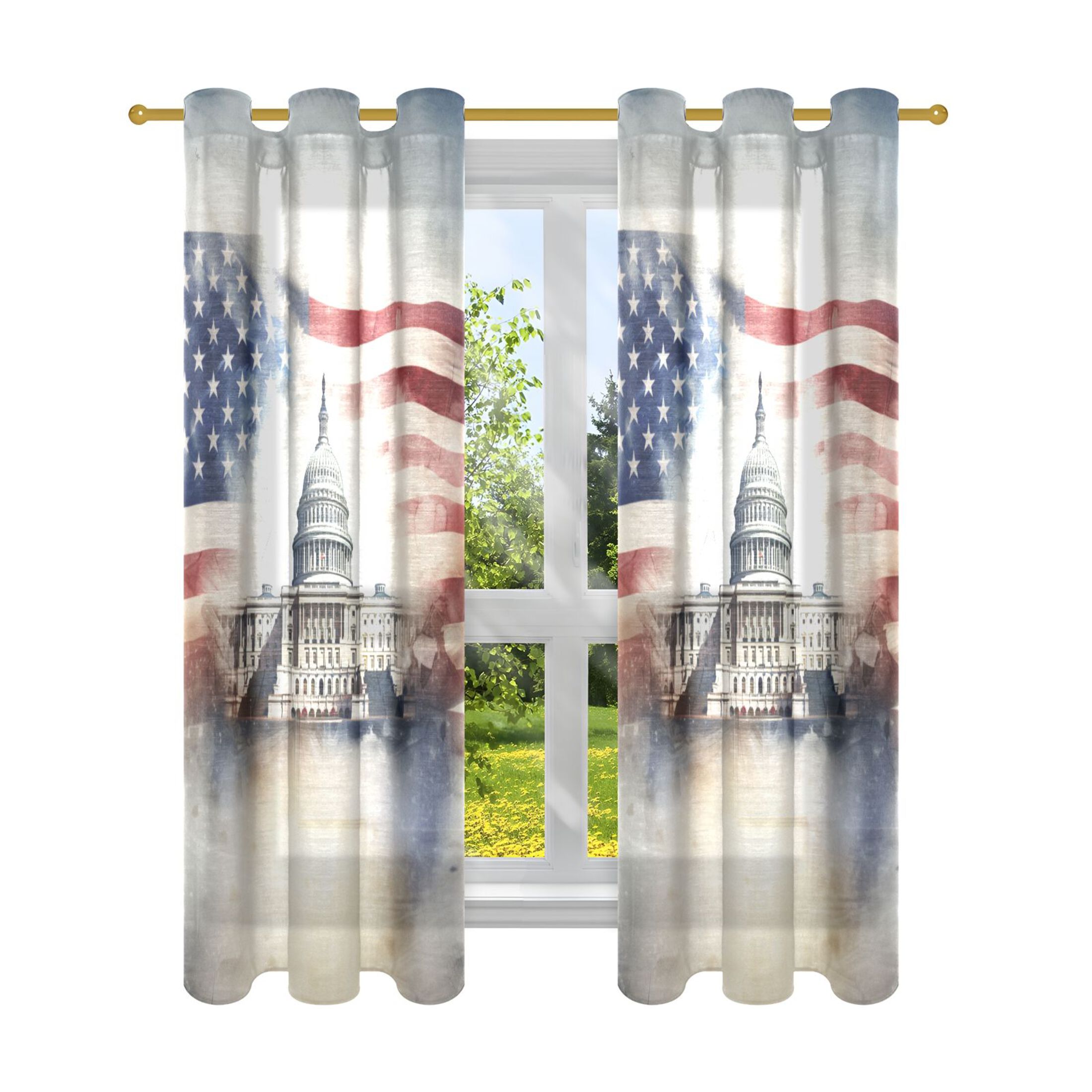 White House and American Flag Sheer Curtains 2 Panels Set Grommet ...