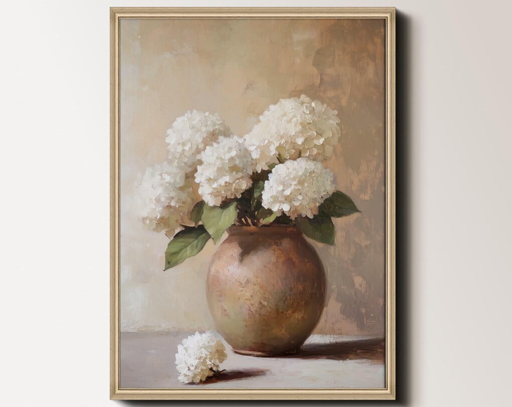 White Hydrangea Art Print, Neutral Hydrangea Painting Farmhouse Floral ...
