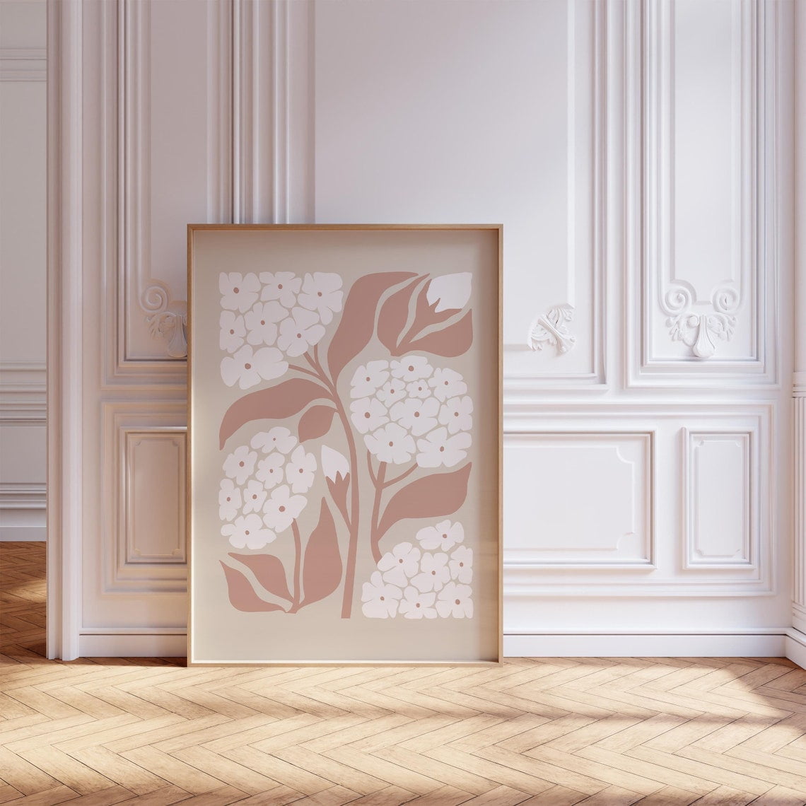 White Hydrangeas Print Beige & White Flower Printable Art, Minimalist ...