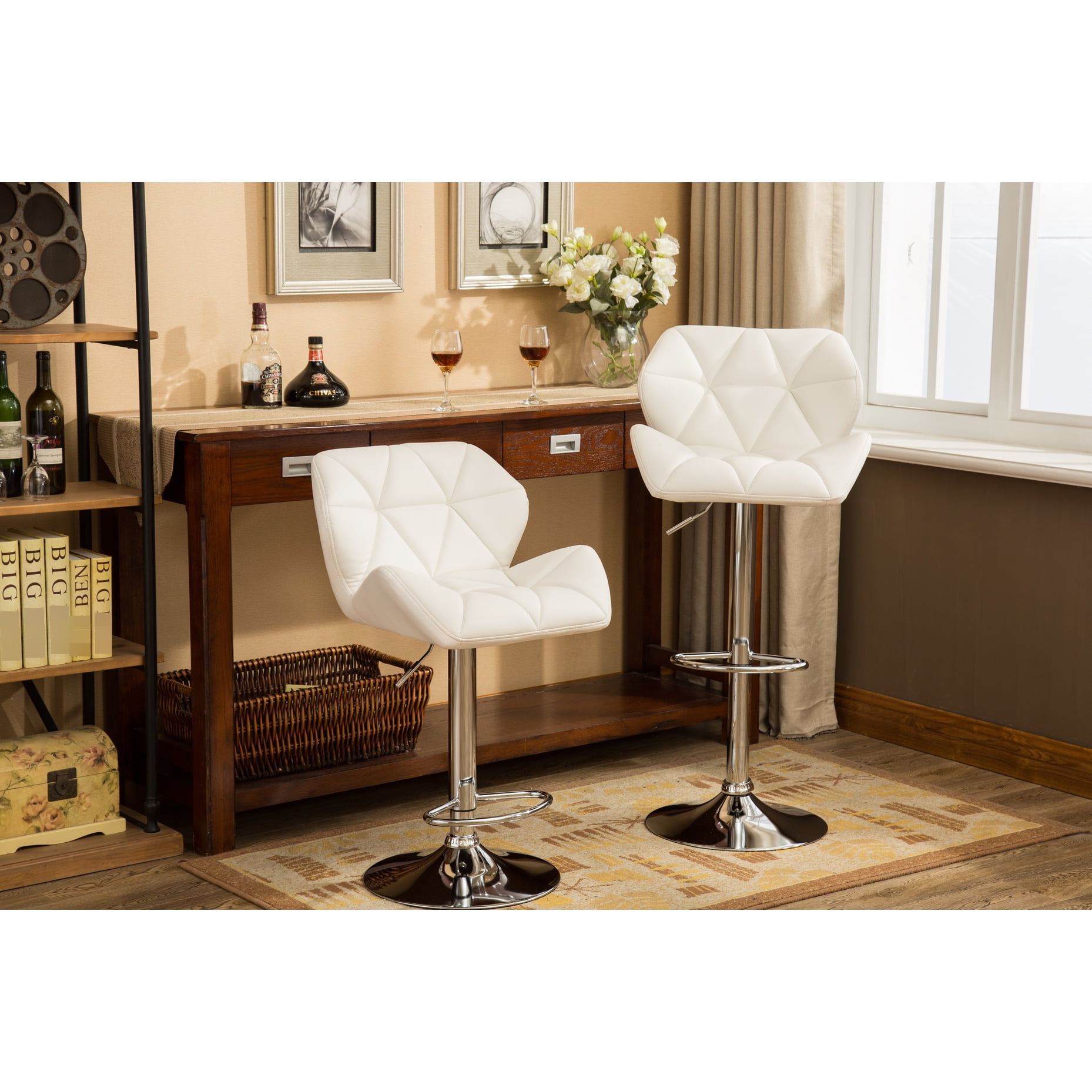 White Hydraulic Stools (pair) - Adjustable Height, Pu Leather Seat ...