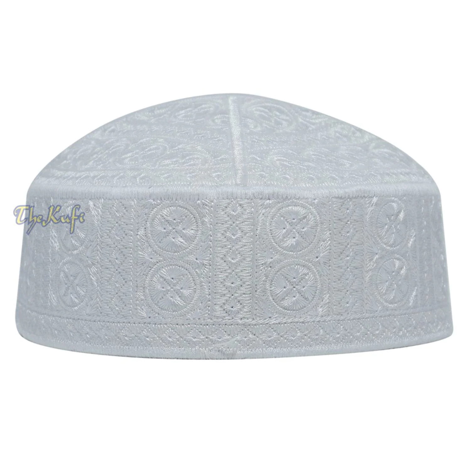 White Intricately Embroidered Rigid Round Pakistani-Style Kufi Hat ...