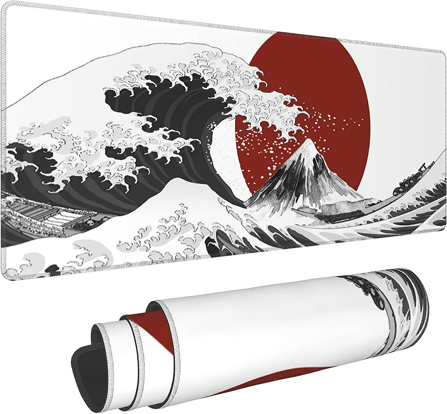 White Japanese Wave Gaming Mouse Pad XL Black Mountain Red Sun Painting ...