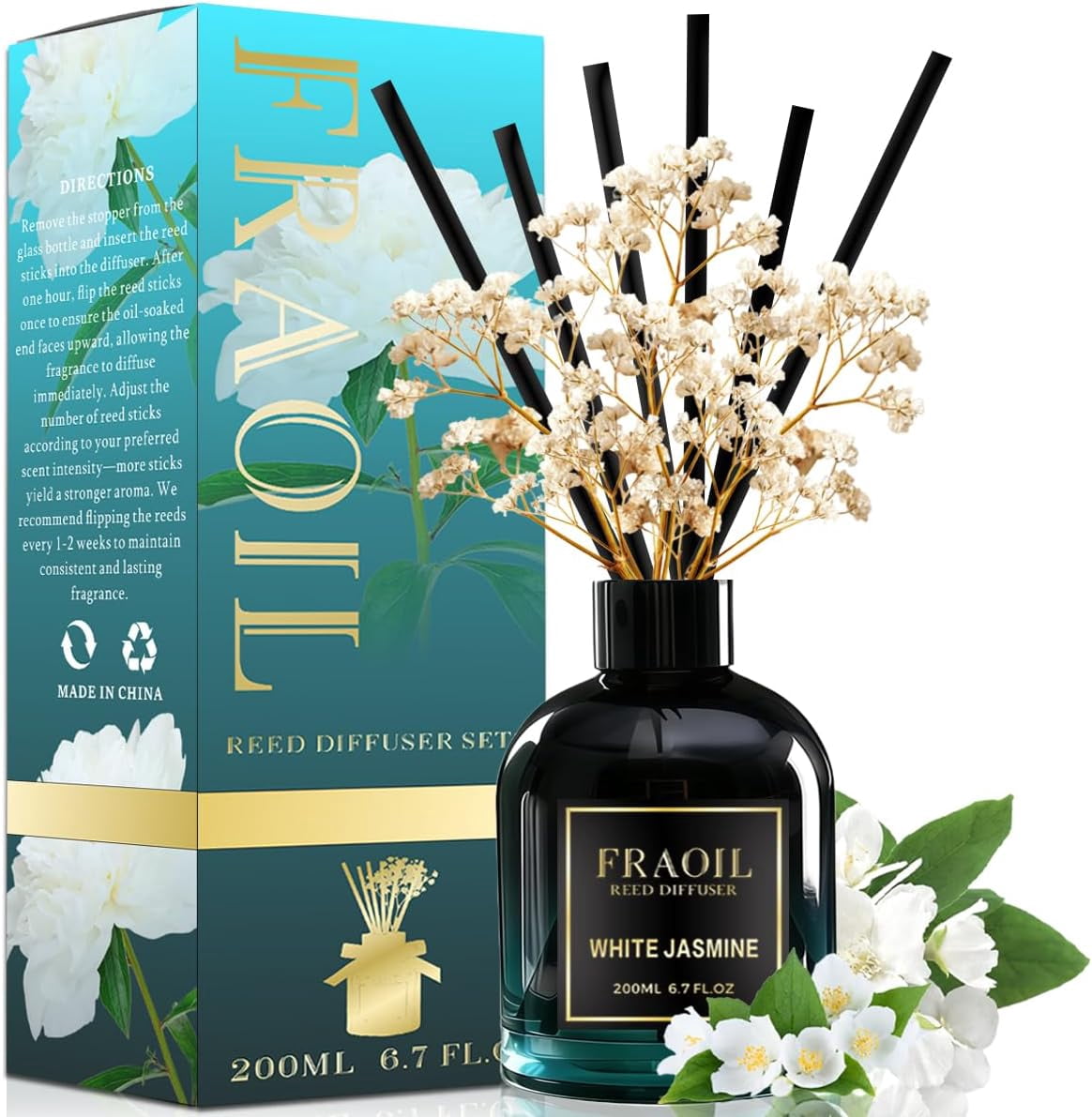 White Jasmine Reed Diffuser, Reed Diffuser Set 6.7 fl oz (200 ml) with ...