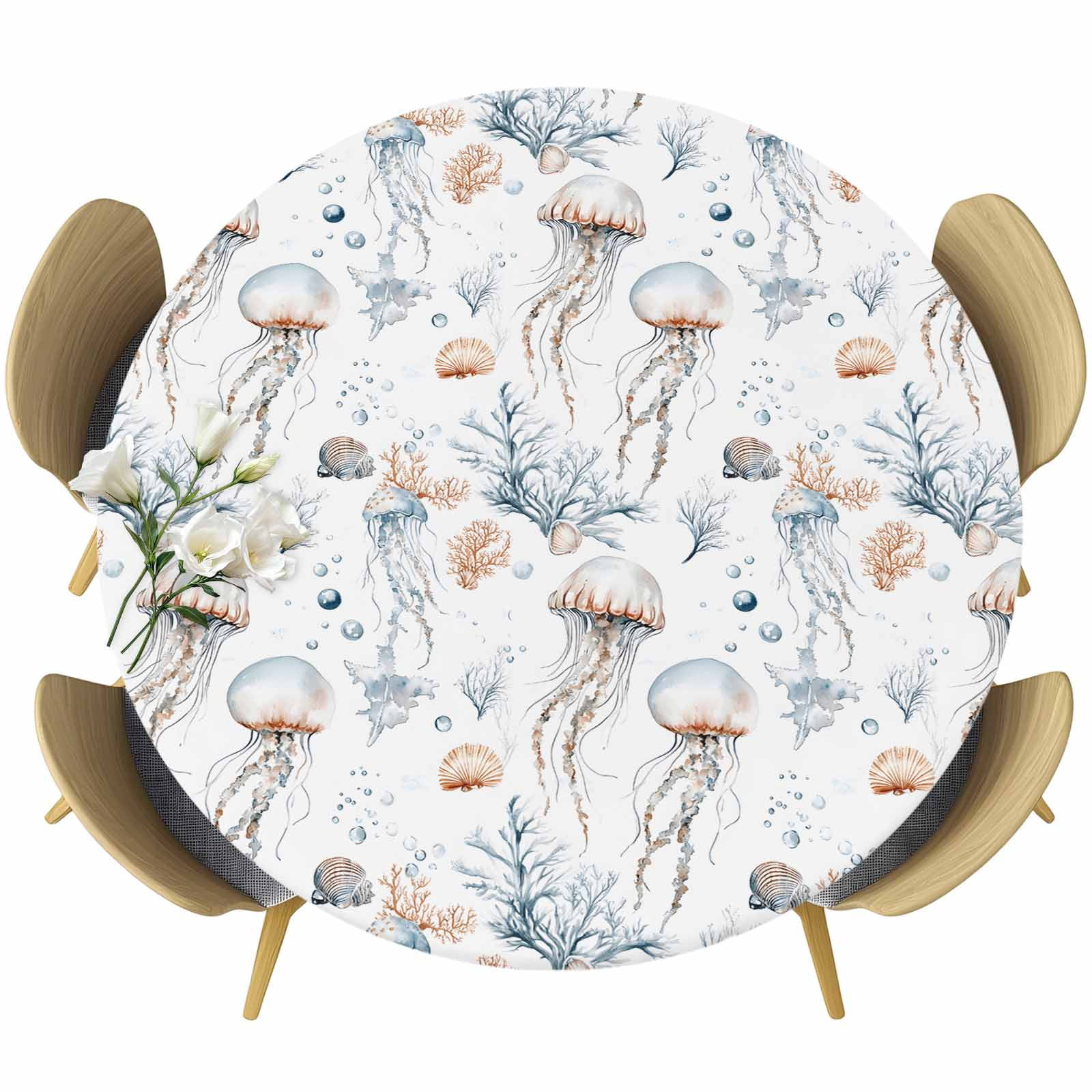 White Jellyfish Coral Round Tablecloth 45-54 Inch Round Fitted Table ...