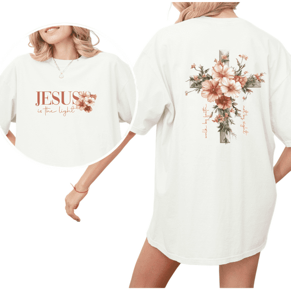 White Jesus Is The Light Floral Cross Print Tshirt Graphic Tees Shirts ...