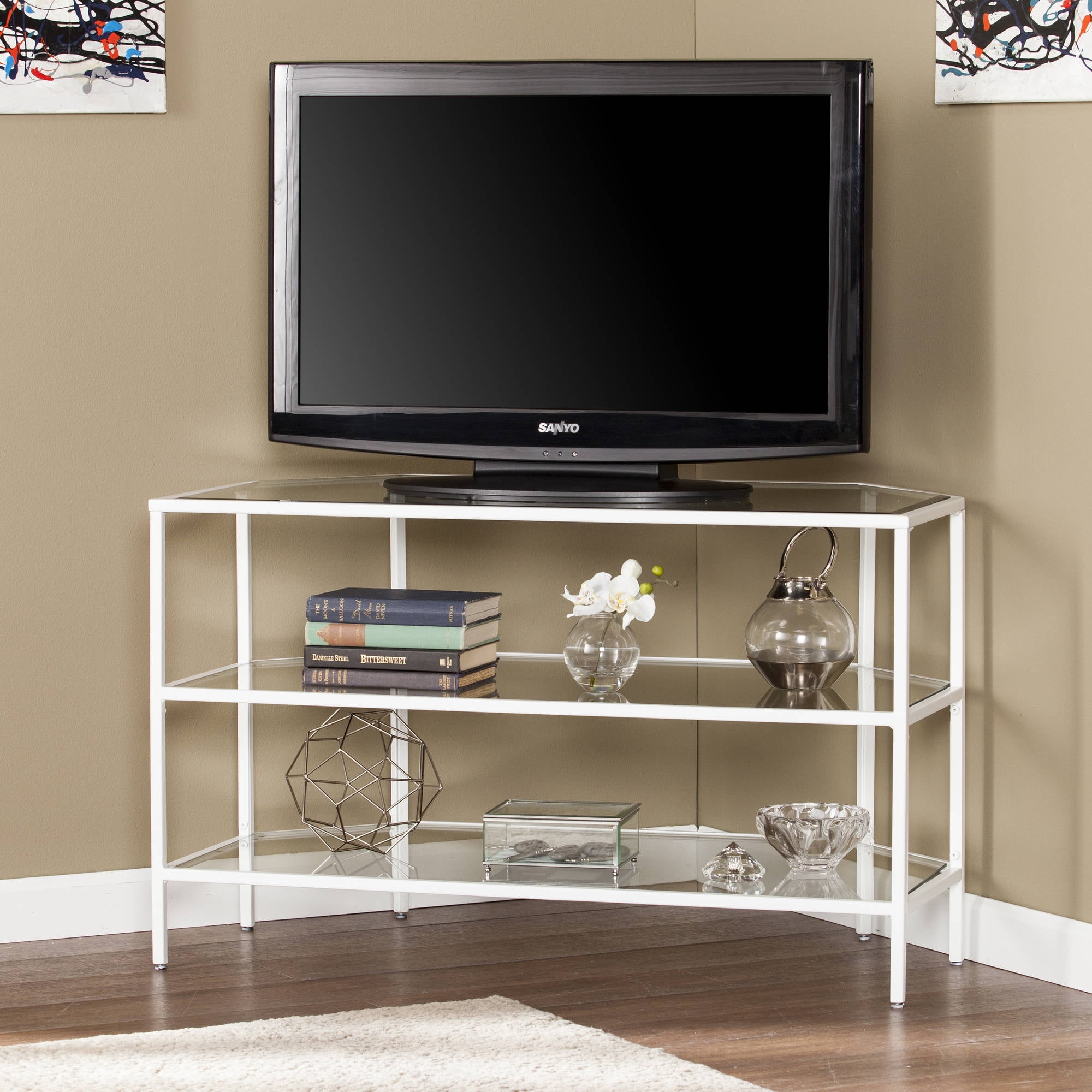 White Kane Metal Glass Corner Optional TV Stand for TVs up to 37 Walmart
