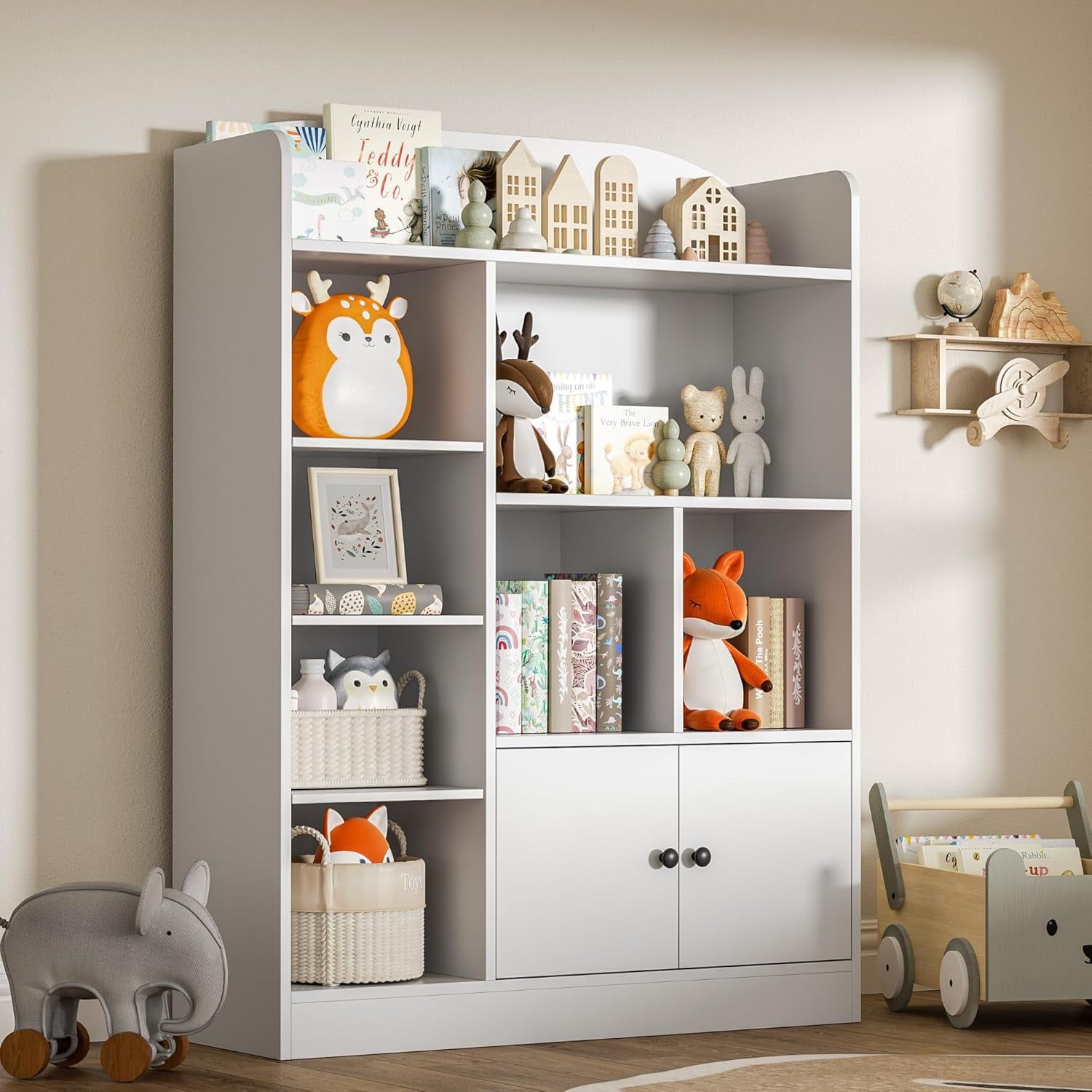 White Kids Bookshelf, Kids Bookcase with 7 Cubbies and 2 Cabinets ...