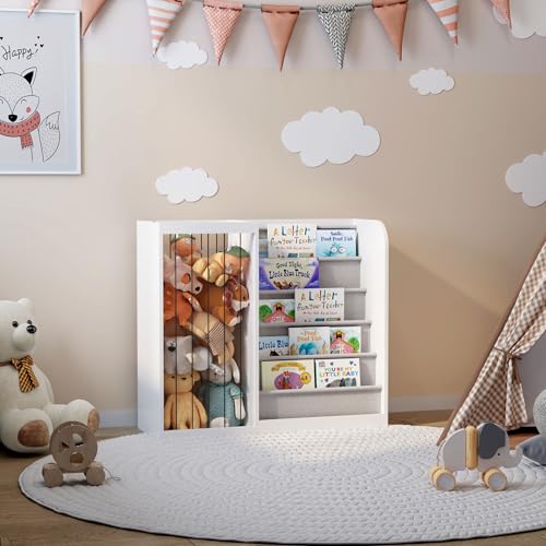 White Kids Bookshelf & Stuffed Animal Zoo Net Holder Plush Toy Storage ...