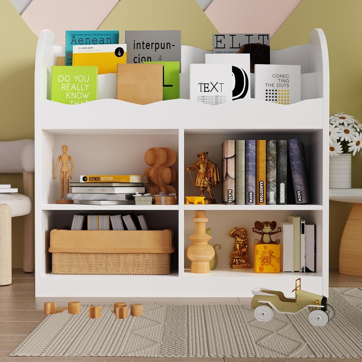 White Kids Bookshelf, Toy Storage Organizer with Book Rack and 4 ...