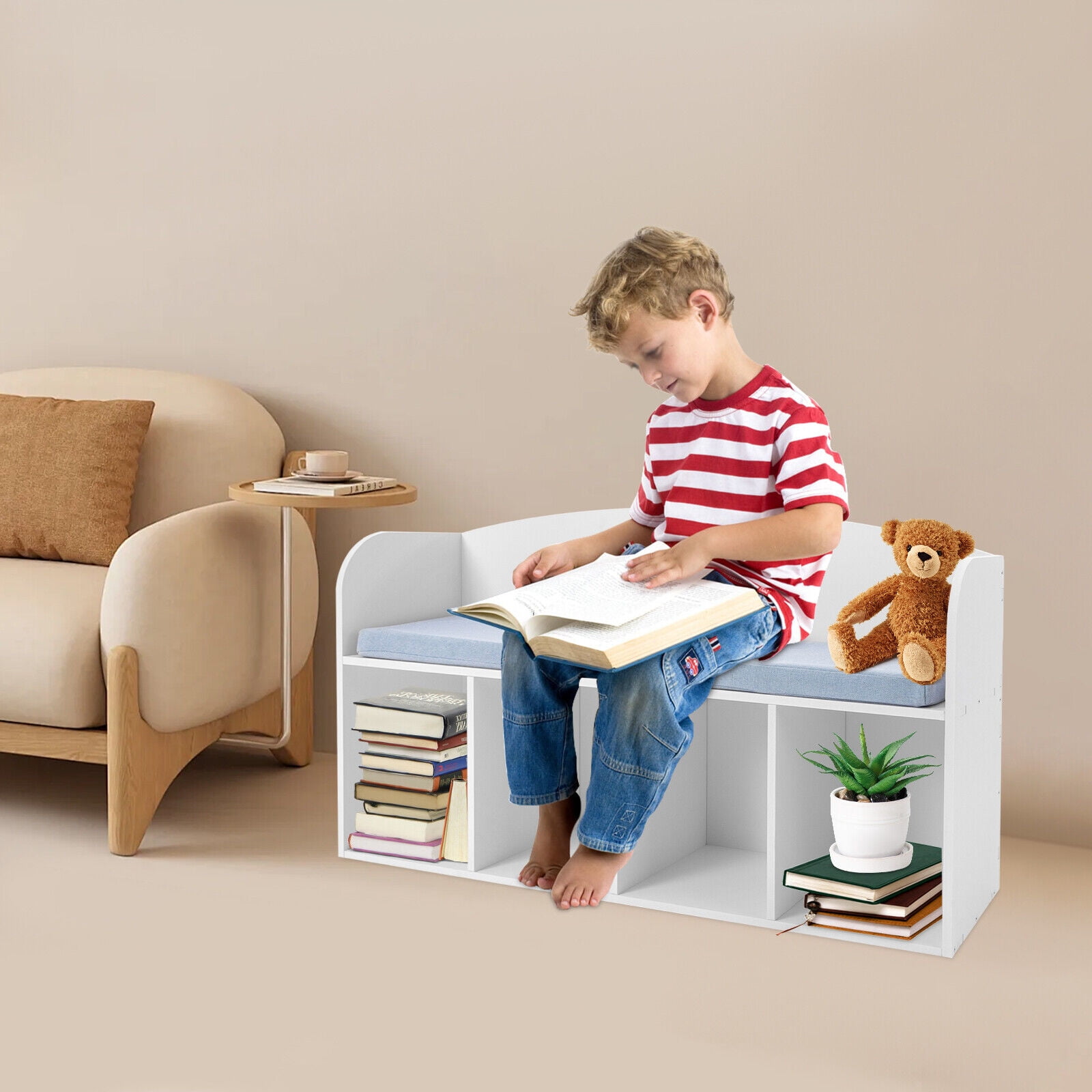 White Kids Bookshelf with Reading Nook, Bookshelf with Soft Cushion ...