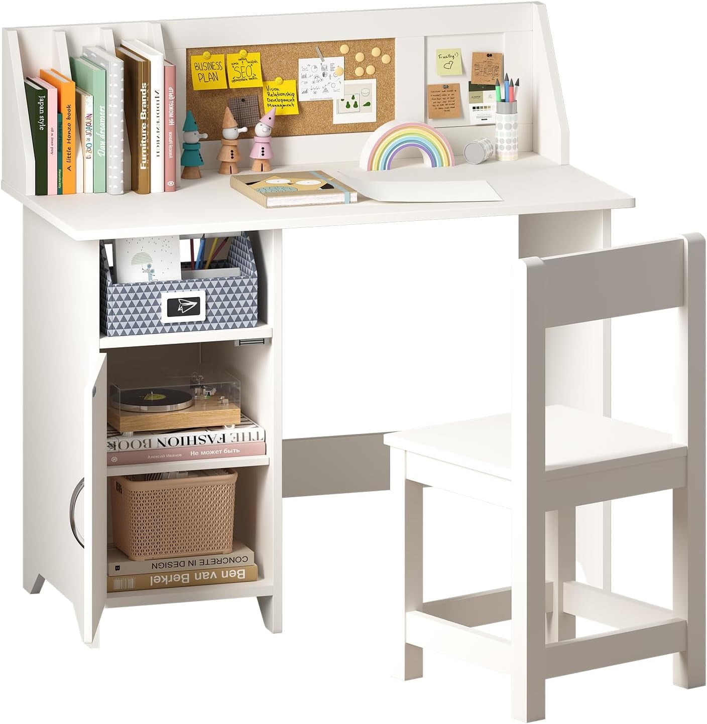 White Kids Desk with Chair, Wooden Study Table for Boys and Girls, Kids ...