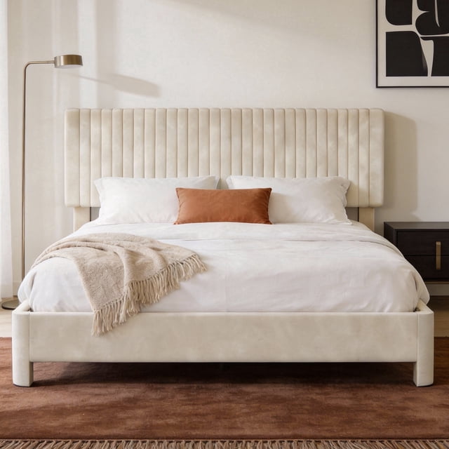 White King Size Velvet Upholstered Metal platform bed frame with with ...