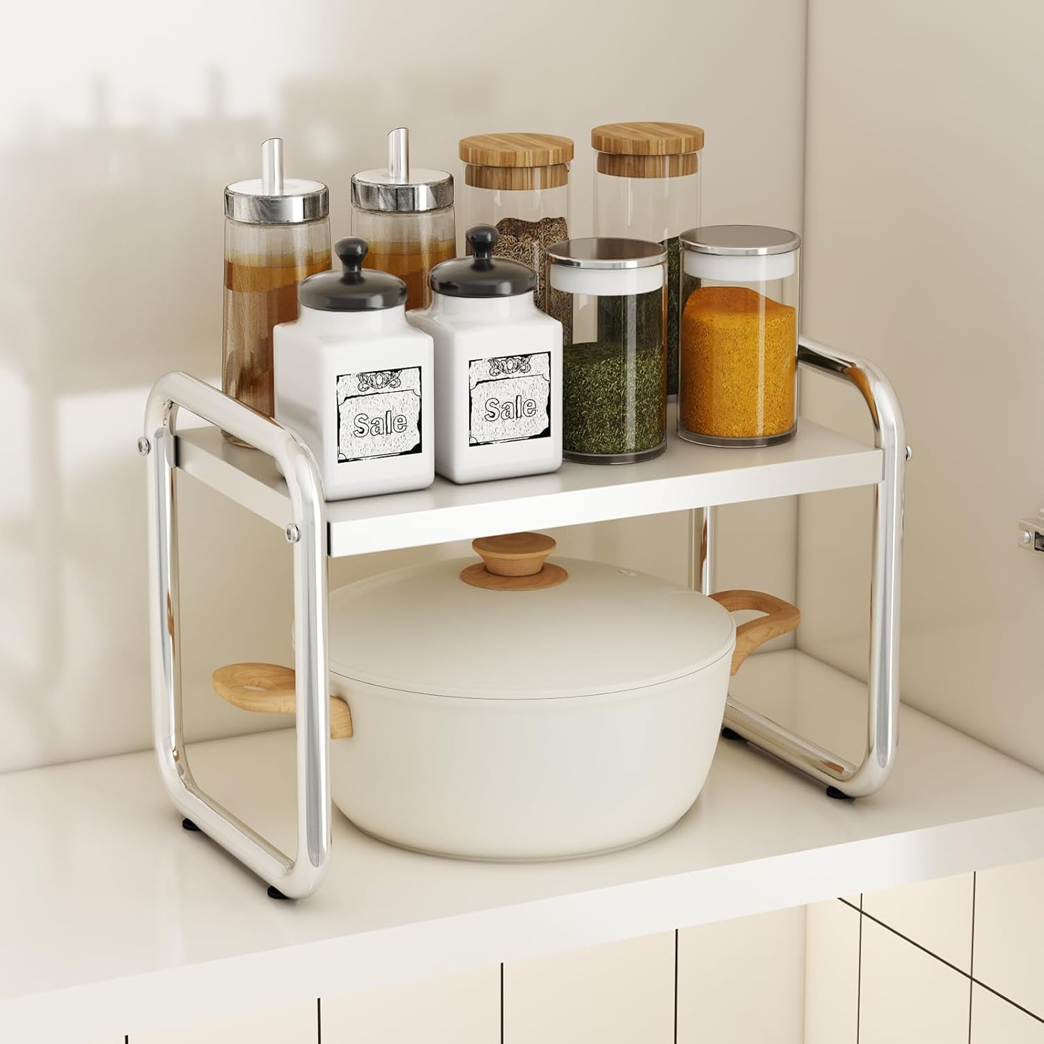 White Kitchen Cabinets with Countertop Shelves, Storage Racks, Sinks ...