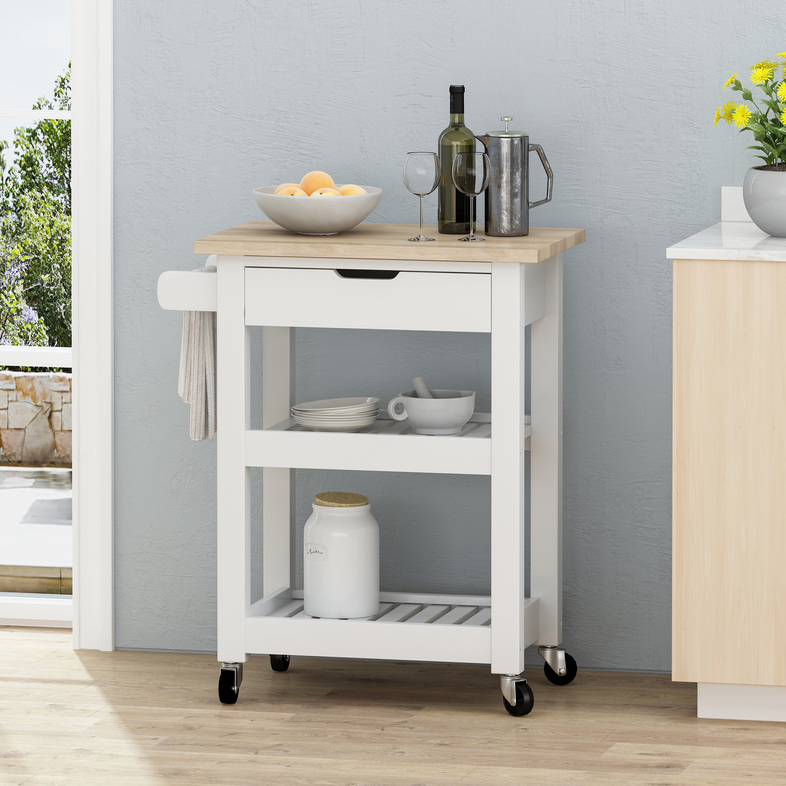 White Kitchen Cart with Wheels - 25.5" Rolling Wooden Utility Cart, 1 ...