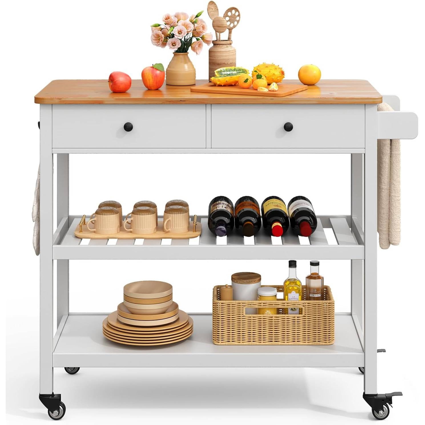 White Kitchen Island Cart with 2 Drawers Wood Top and Locking Wheels ...