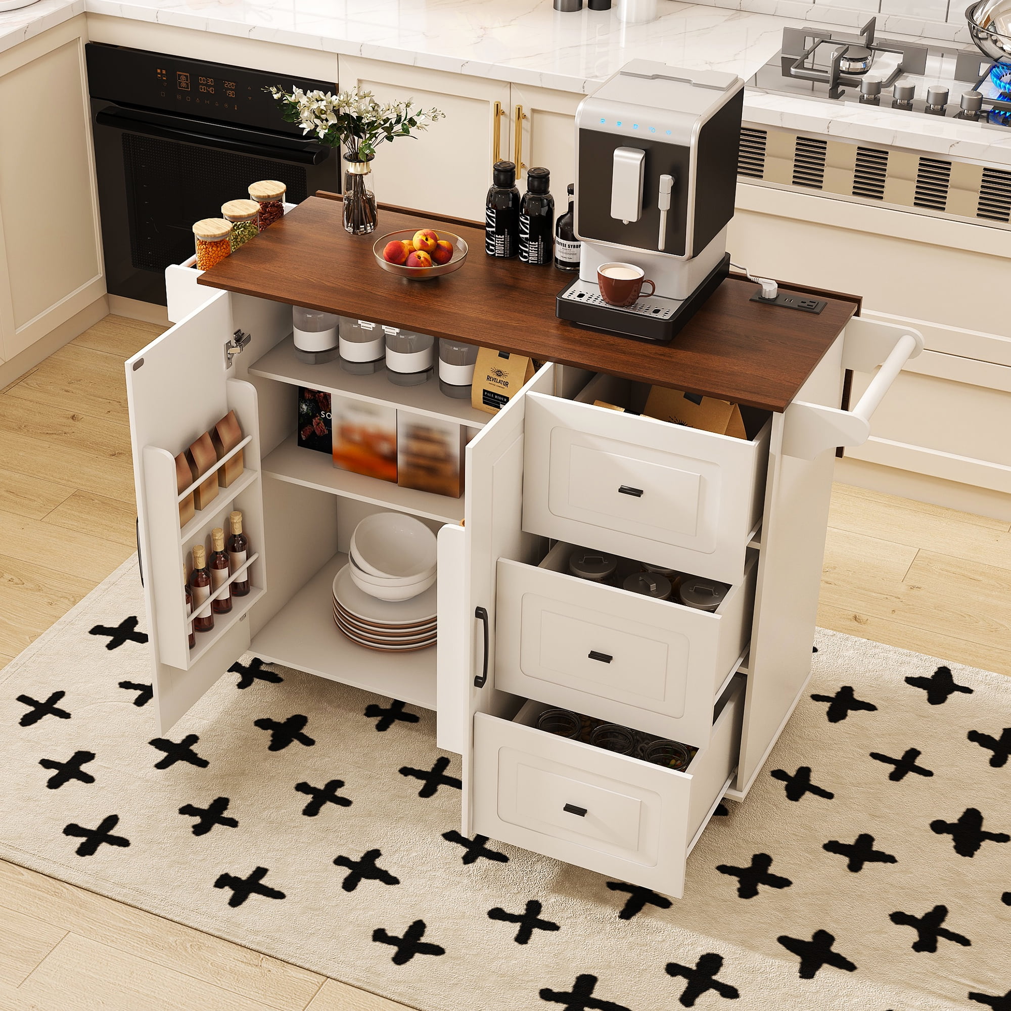 White Kitchen Island Cart with Foldable Tabletop & Drop Leaf - Mobile ...