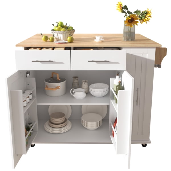 White Kitchen Island with Drop Leaf & Storage Cart: Features 3-Tier ...