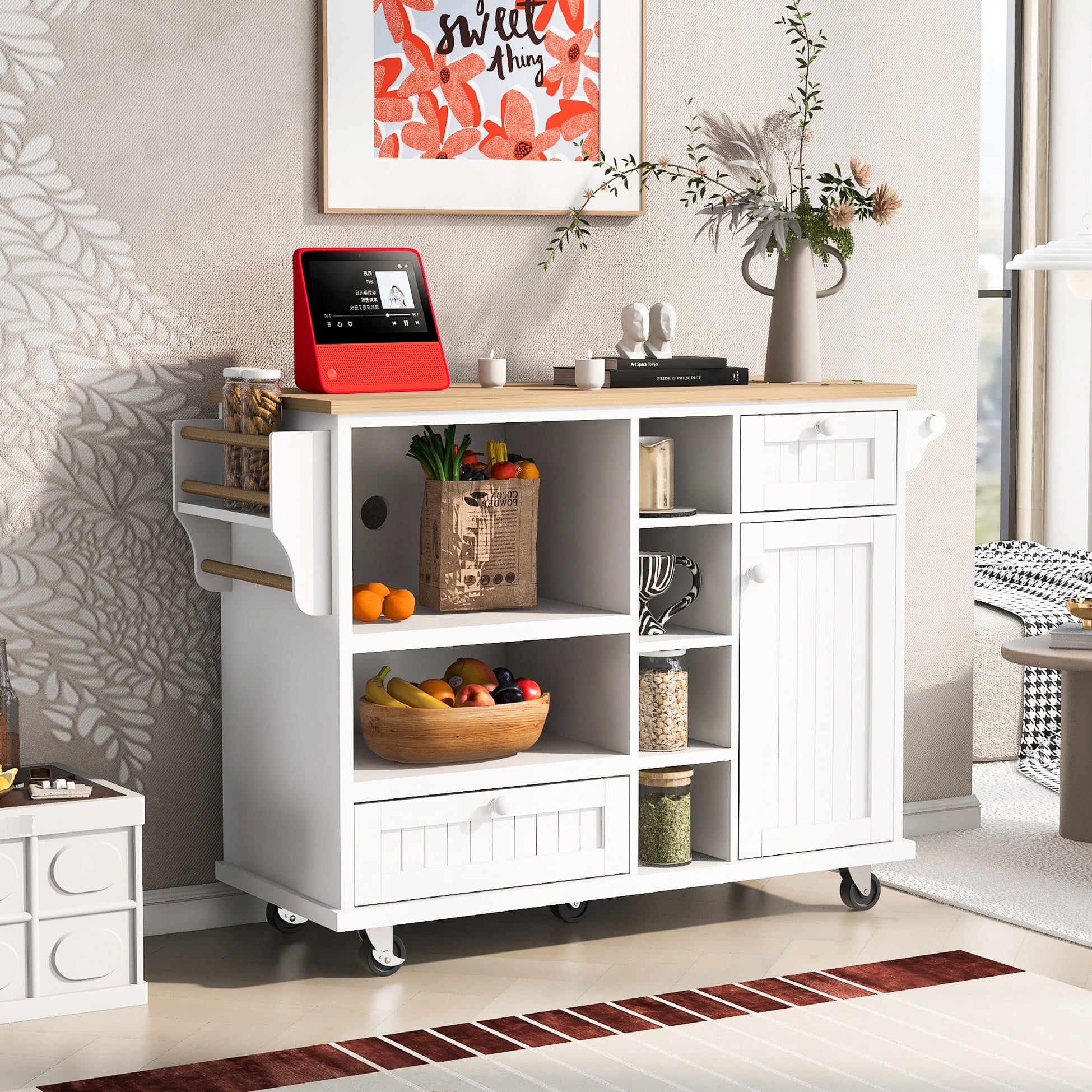 White Kitchen Island With Storage Cabinet And Locking Wheels. Solid ...