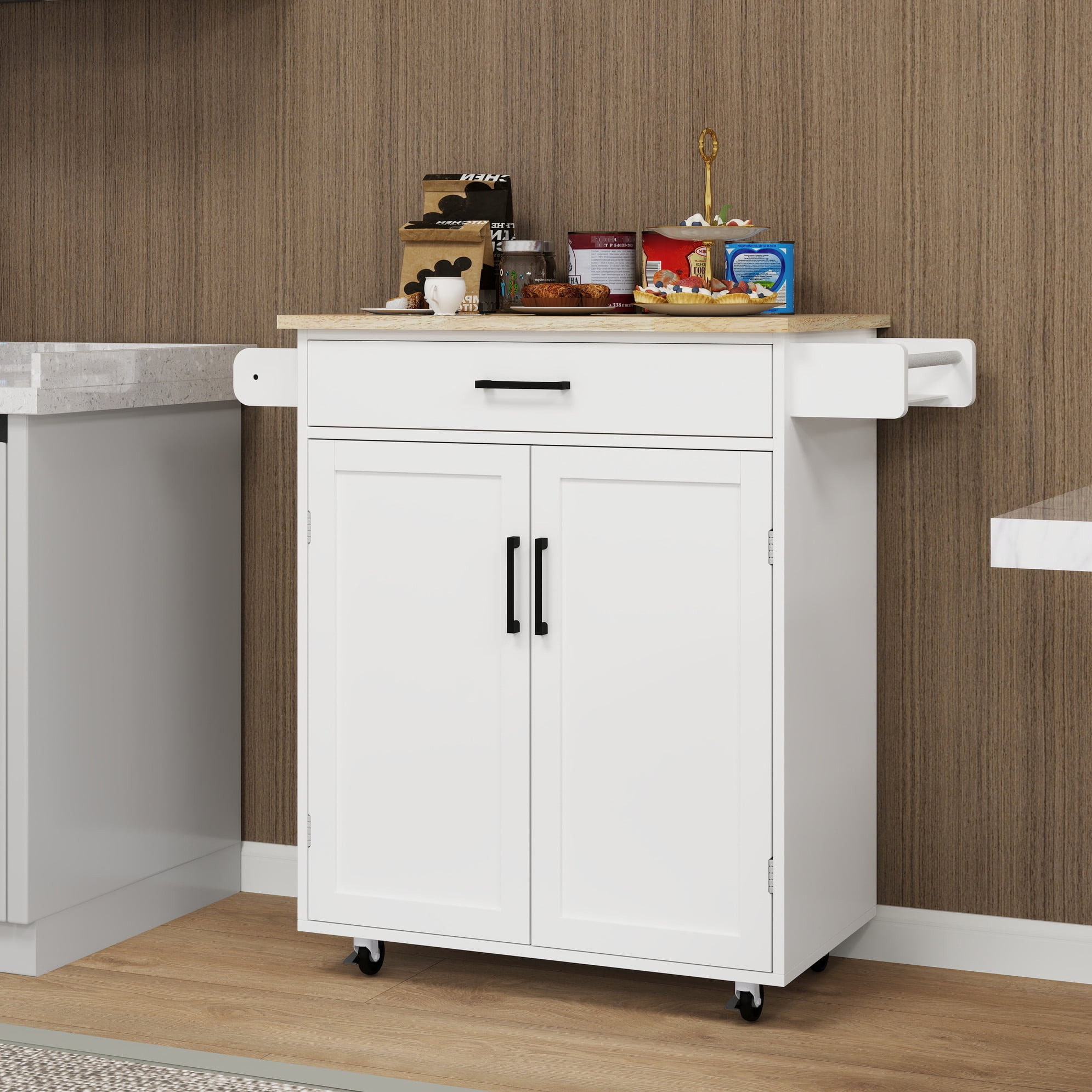 White Kitchen Island Trolley With Drawer, Doors, Storage, Adjustable ...