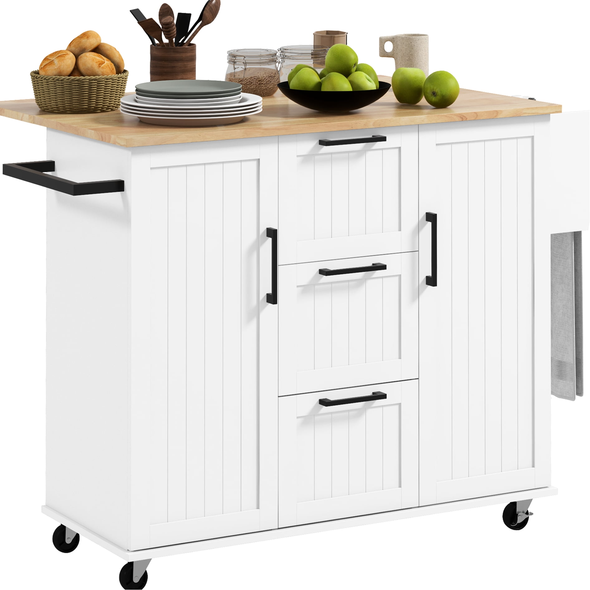 White Kitchen Island On Wheels With Drop Leaf, 3 Drawers, 2 Cabinets ...