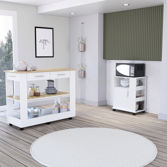White Kitchen Island and Cart - Two Open Shelves, Internal Storage for ...