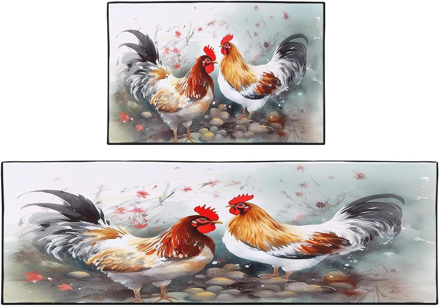 White Kitchen Mat Rooster Kitchen Rugs Sets of 2, Washable Non-Slip ...