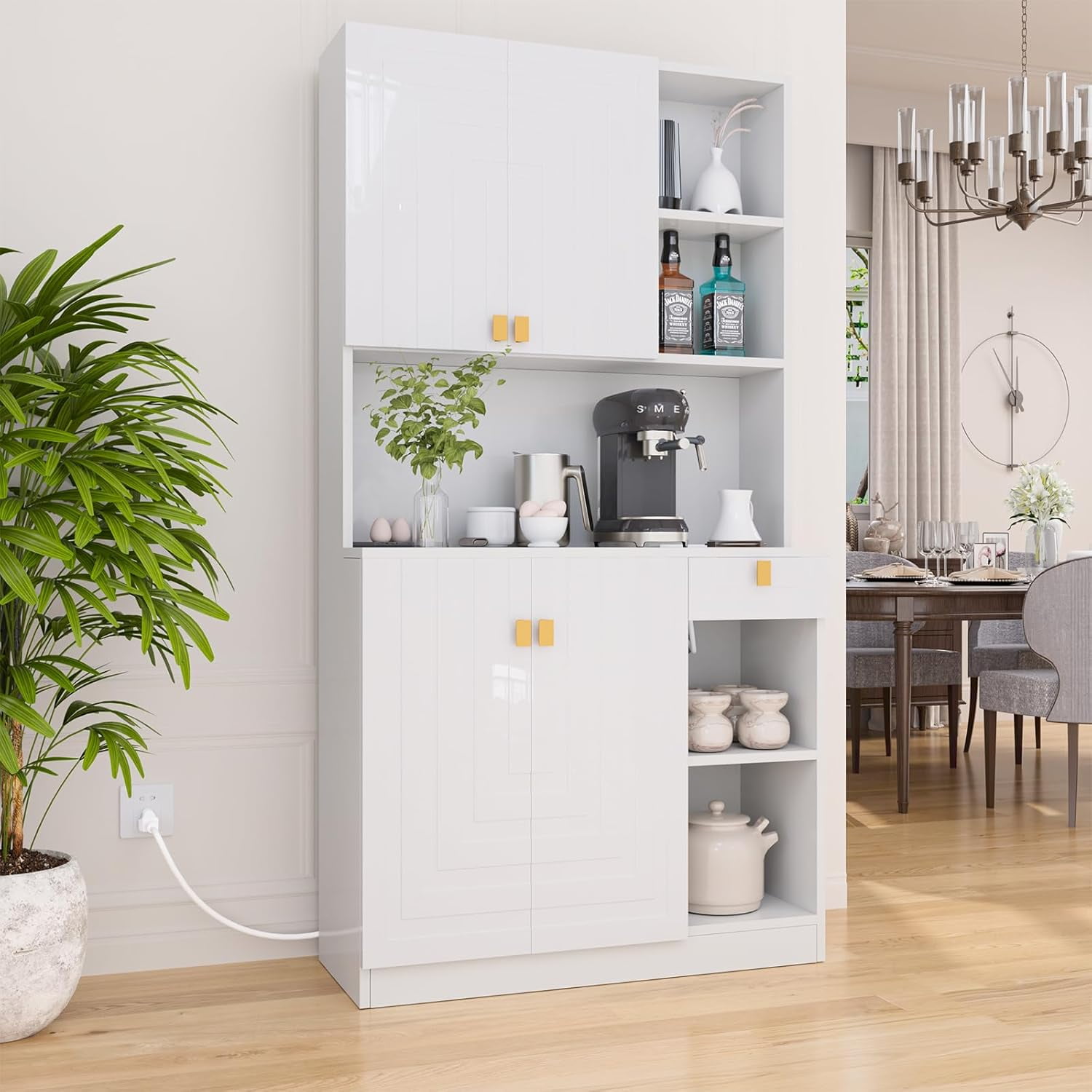 White Kitchen Pantry Cabinet, 71" Hutch Cabinet with Countertop & Power ...