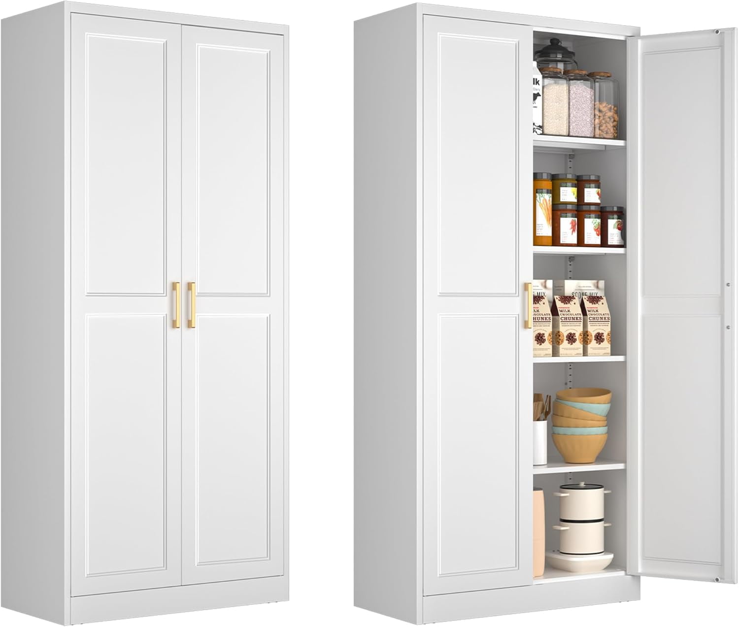 White Kitchen Pantry Cabinet, Pantry Storage Cabinet with Doors and ...