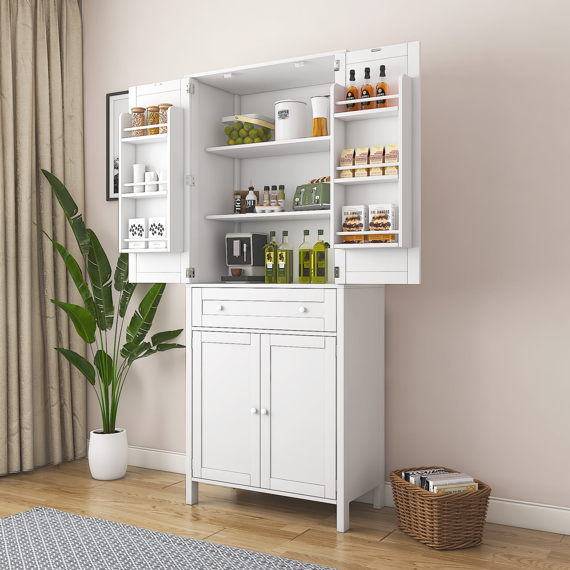 White Kitchen Pantry Storage Cabinet With Adjustable Shelves And Drawer ...