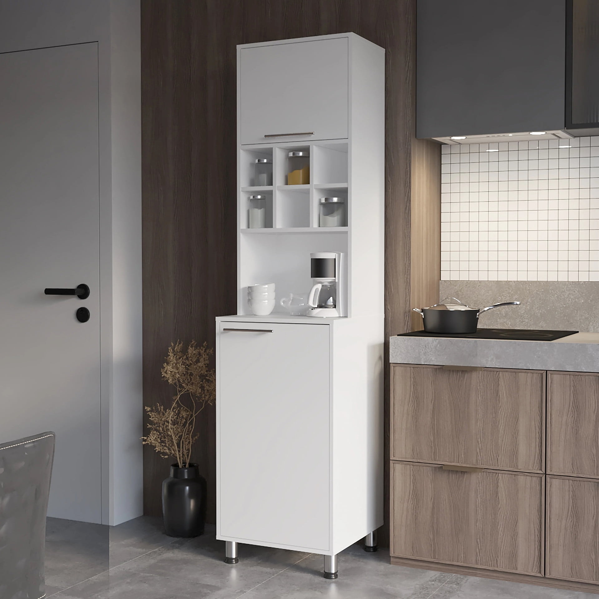 White Kitchen Pantry With Ample Shelf Space - 7 Shelves And 2 Doors ...