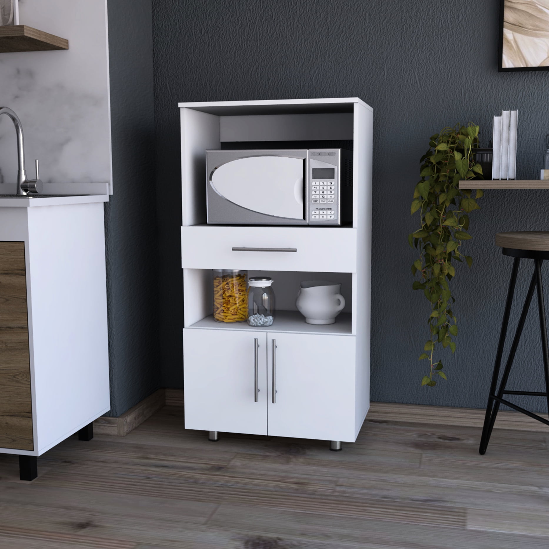 White Kitchen Pantry With Microwave Stand And Handy Drawer Cabinet ...