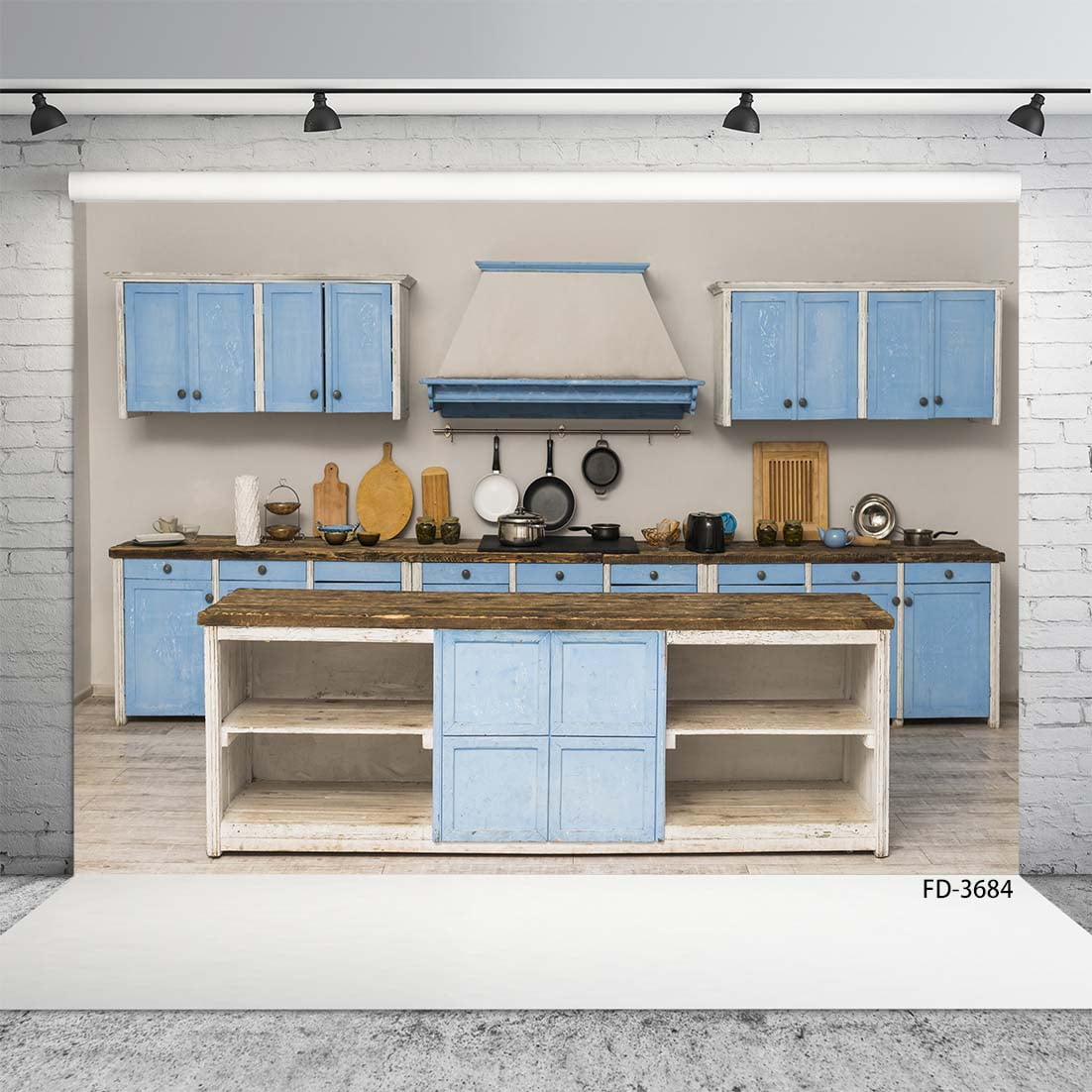 White Kitchen Photographic Backdrops Blue Cupboards Vinyl Photography ...