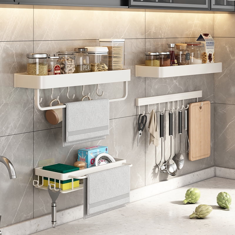 White Kitchen Rack Without Punching Spice Storage Shelf Wall-Mounted ...