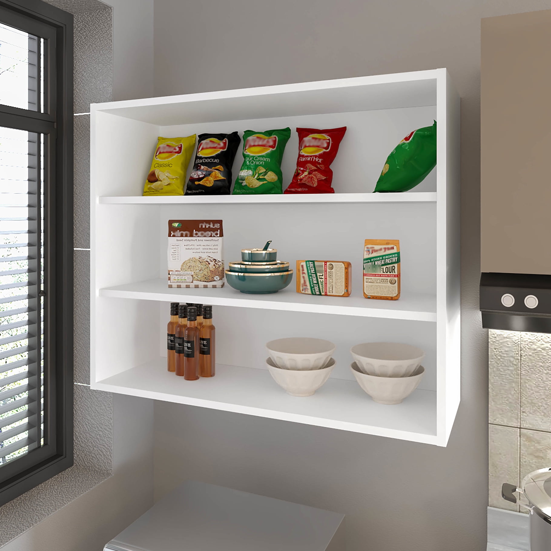 White Kitchen Shelf Cabinet: 3 Open Shelves, 30" Height, Space Wall ...