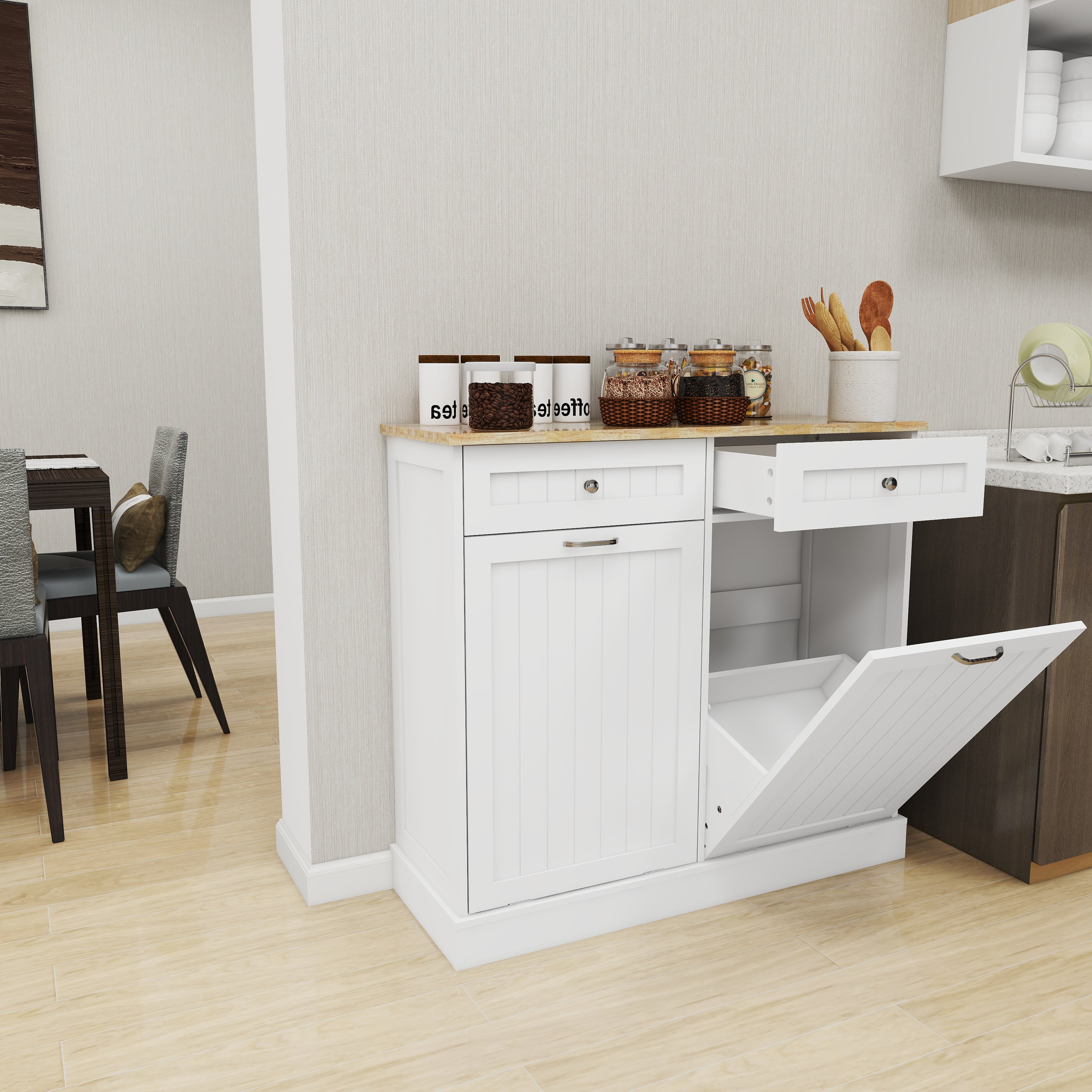 White Kitchen Trash Cabinet with Two Drawers & Tilt-Out Bins, 39.37 ...